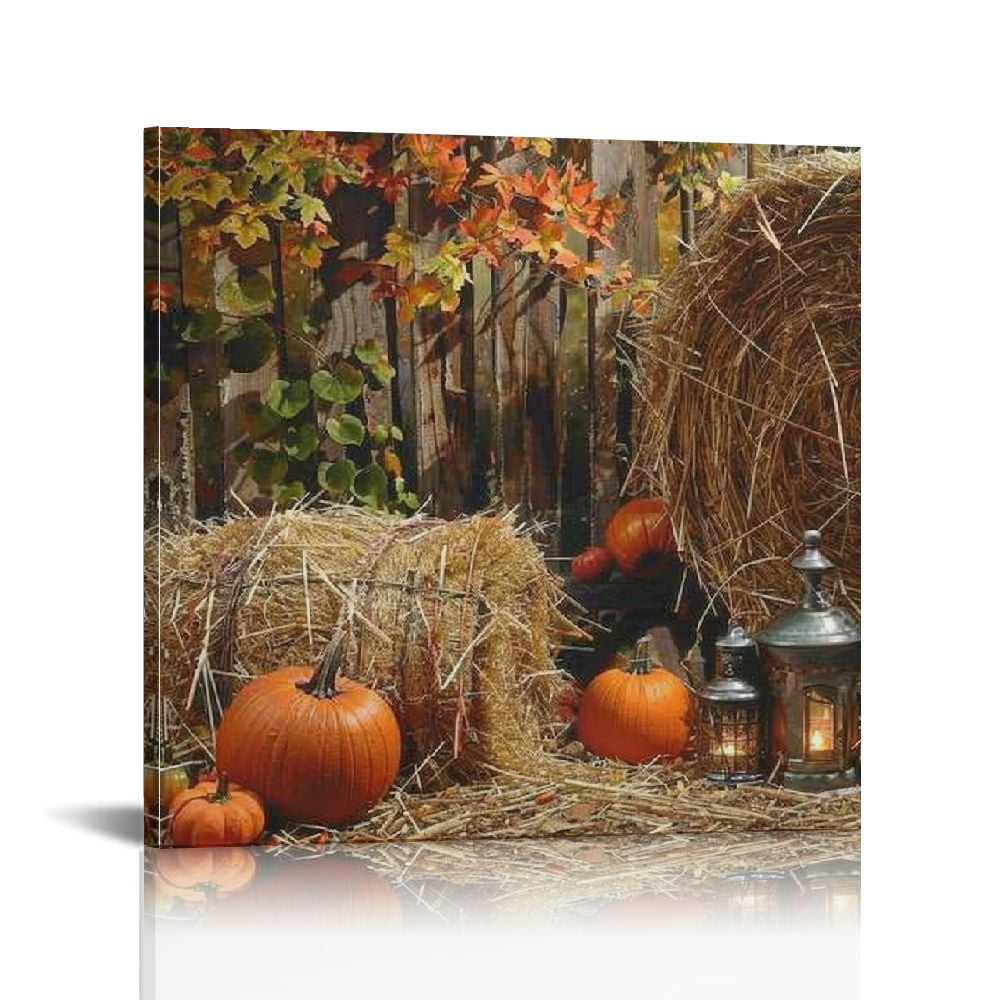 FACANNAP Thanksgiving Pumpkin Wall Decor Yellow Red Fall Leaves Canvas ...