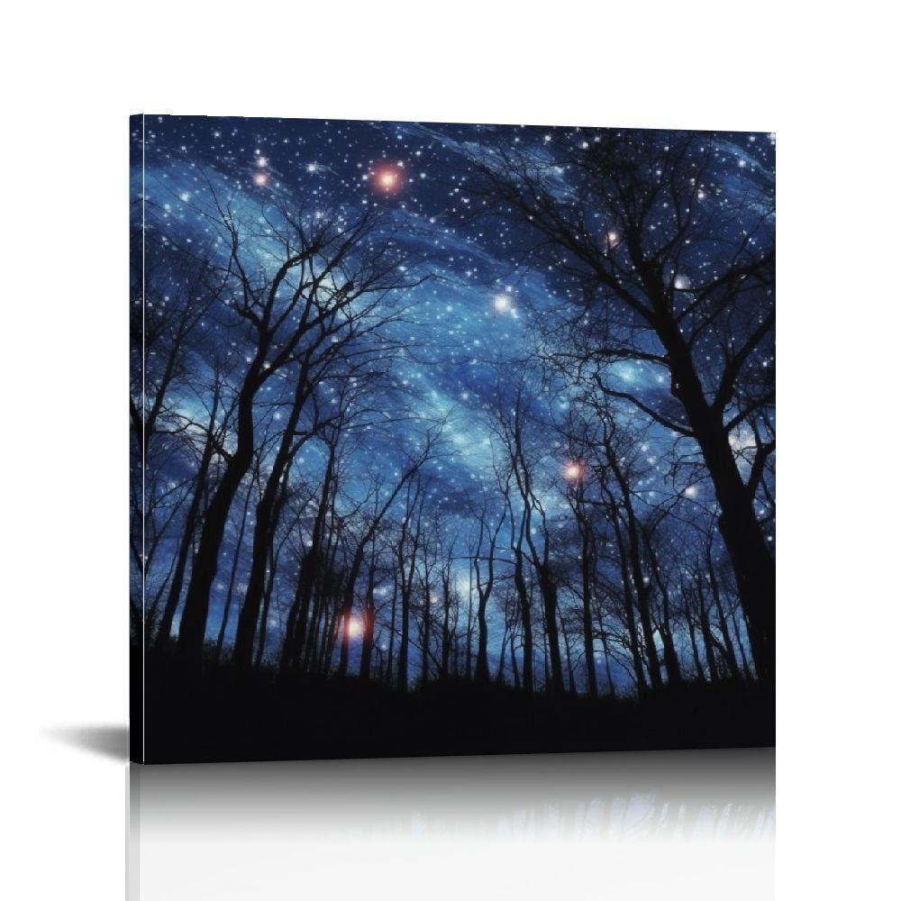 FACANNAP Visual Art Decor Fancy Blue Starry Night Forest Tree ...