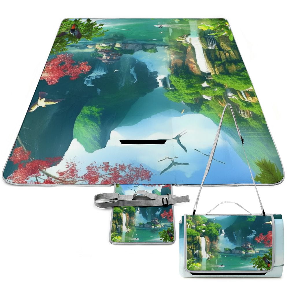 FACANNAP Waterfall River Birds Square Outdoor Picnic Mat Waterproof ...