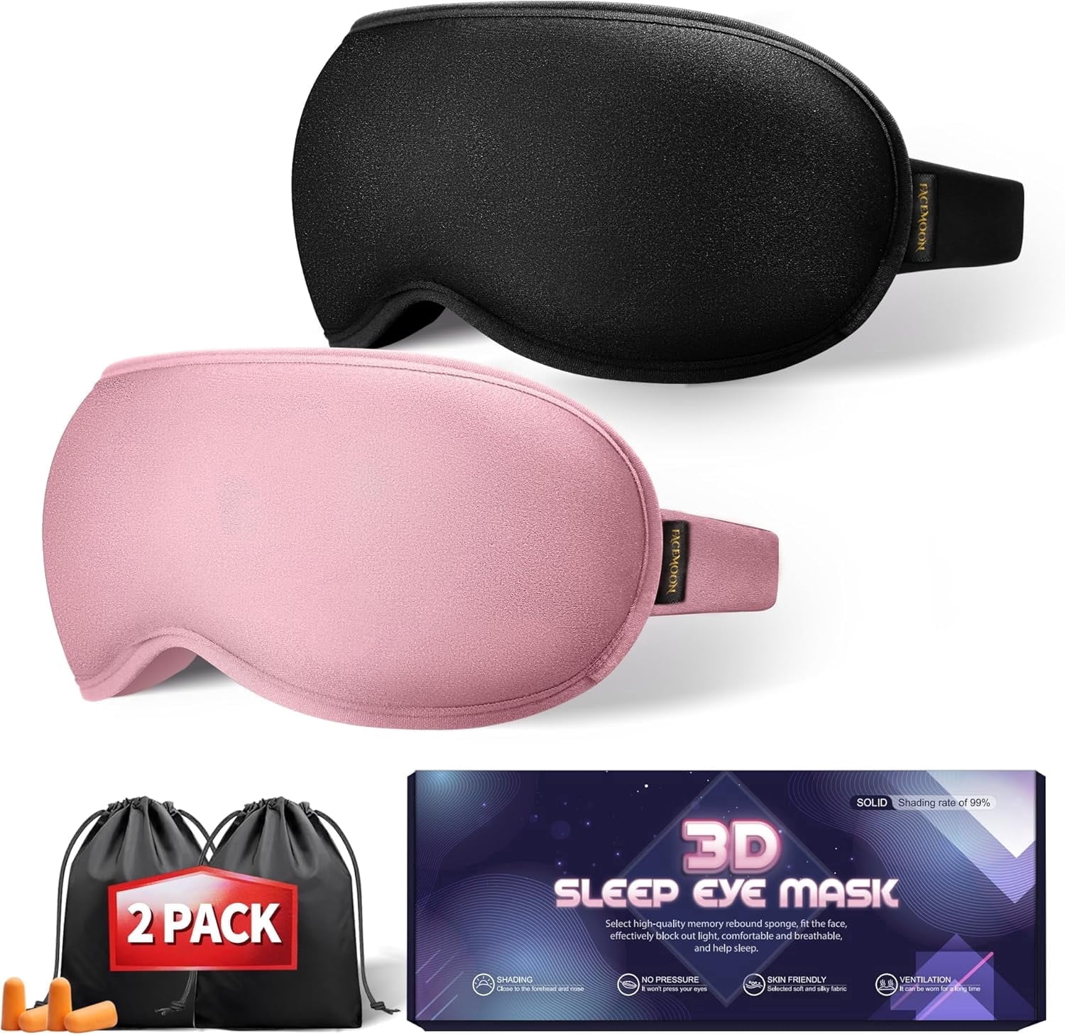 FACEMOON Comfort Weighted Sleep Mask 2 Pack Blackout Memory Foam Zero ...