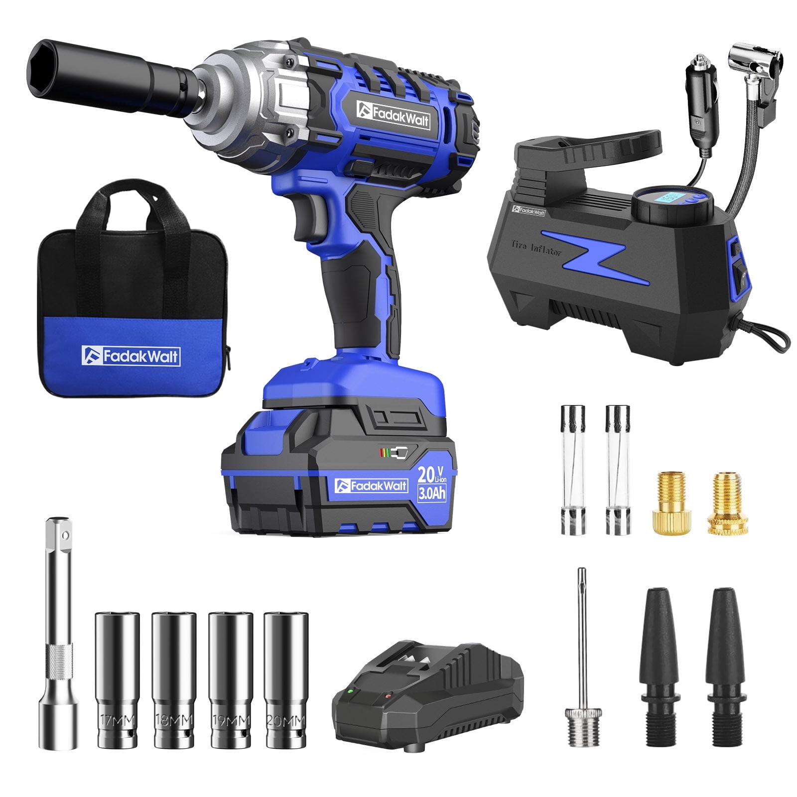 FADAKWALT 20V 400N·m Cordless Impact Wrench Combo & 150PSI Tire Inflator: Portable Air ...