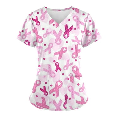 FAFWYP Breast Cancer Scrubs for Women, Short Sleeve V Neck Pink Ribbon ...