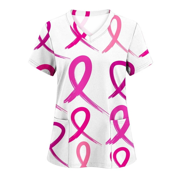 FAFWYP Breast Cancer Scrubs for Women, Short Sleeve V Neck Pink Ribbon ...
