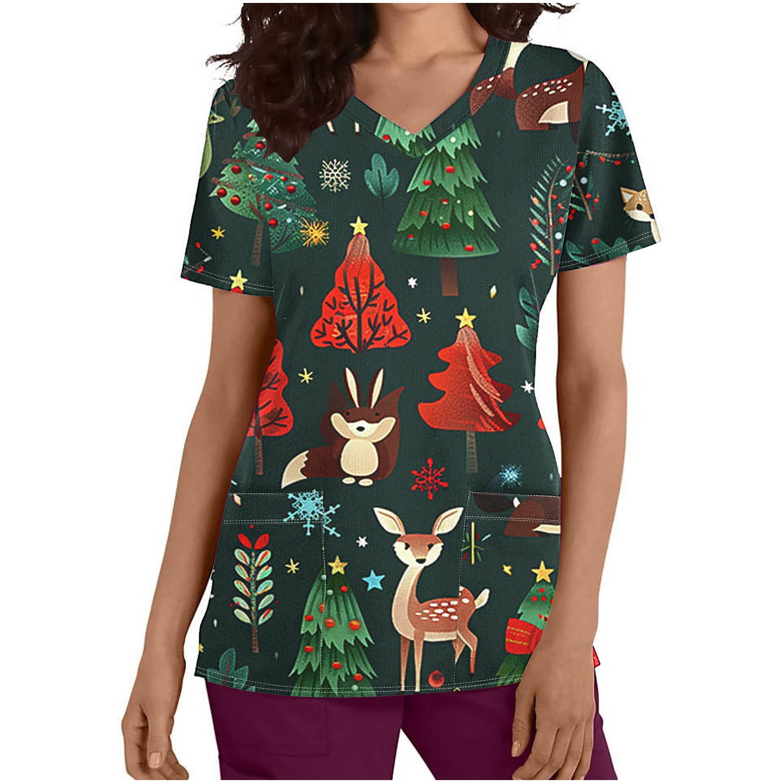 FAFWYP Christmas Scrubs for Women, Santa Snowman Reindeer Print Scrubs ...