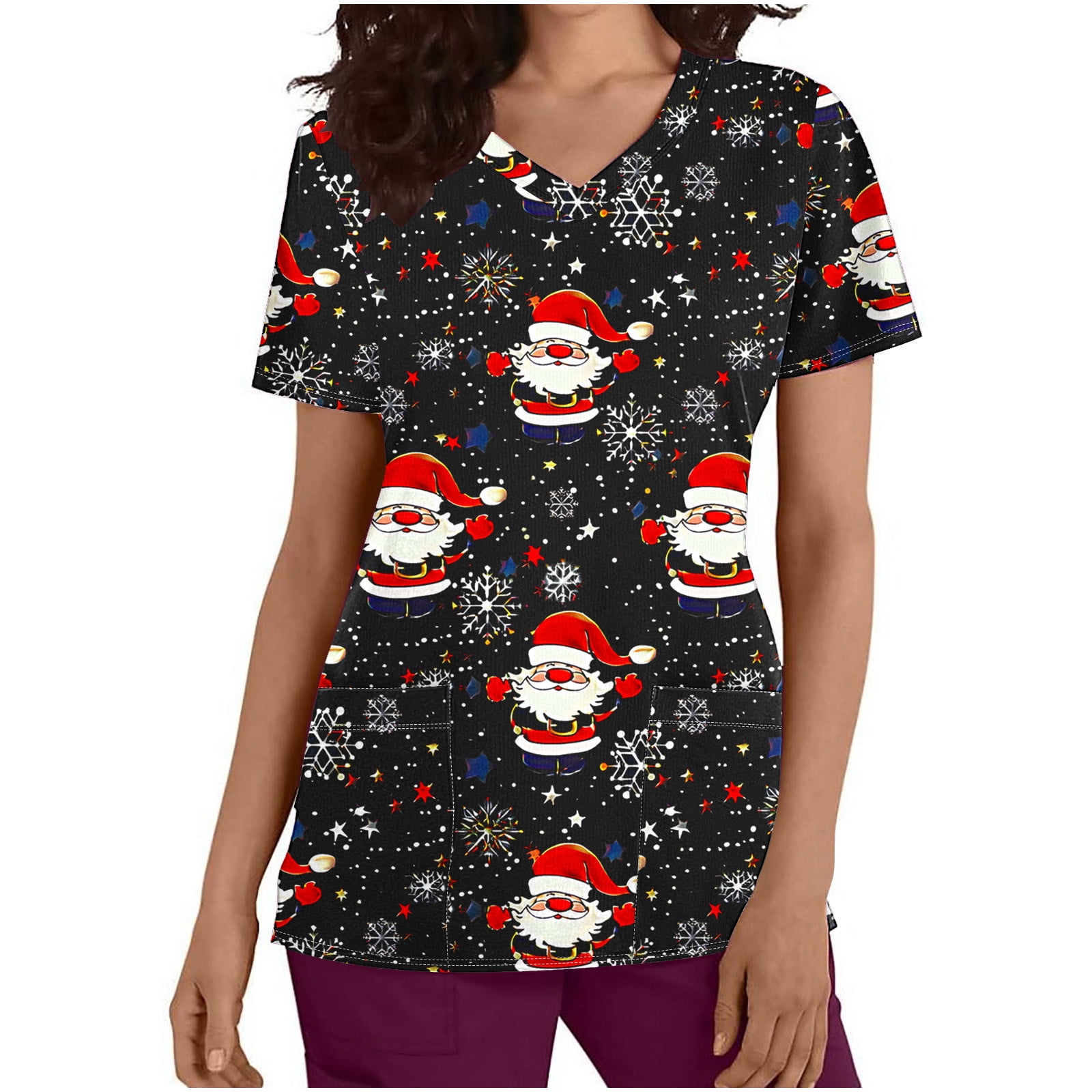 FAFWYP Christmas Scrubs for Women, Santa Snowman Reindeer Print Scrubs ...