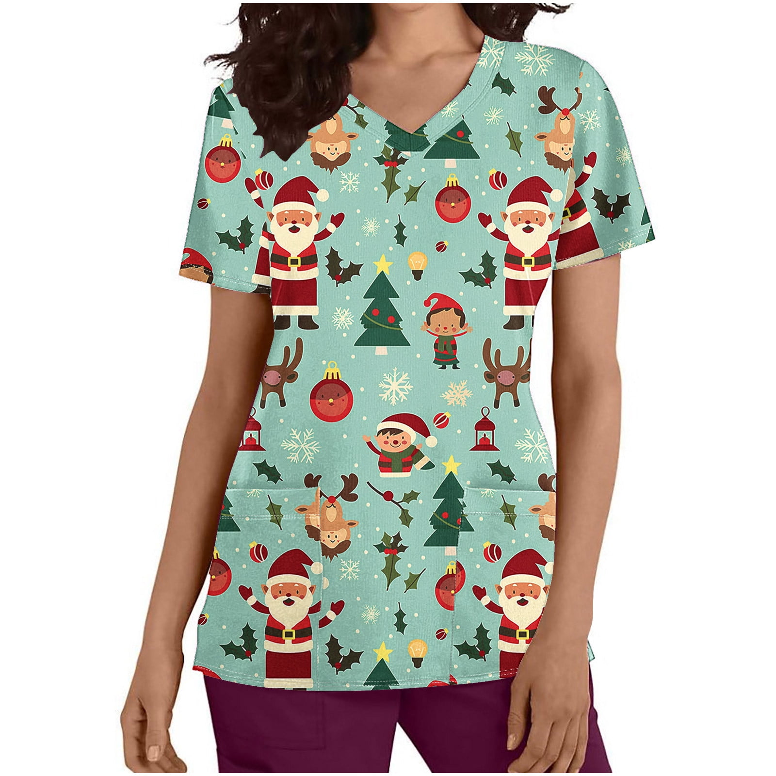 FAFWYP Christmas Scrubs for Women, Womens Xmas Holiday Nursing Shirts ...
