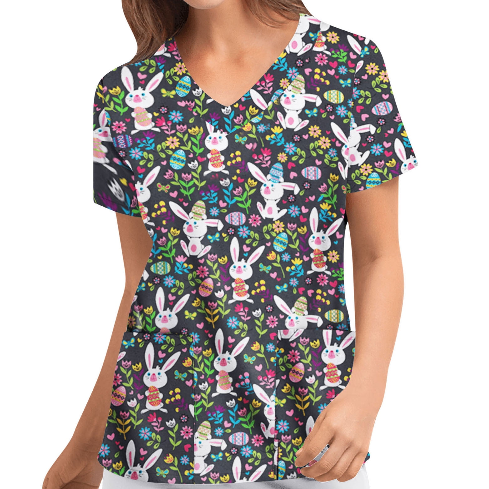 FAFWYP Easter Day Scrubs for Women,Womens Cute Rabbit Print Scrubs Tops ...