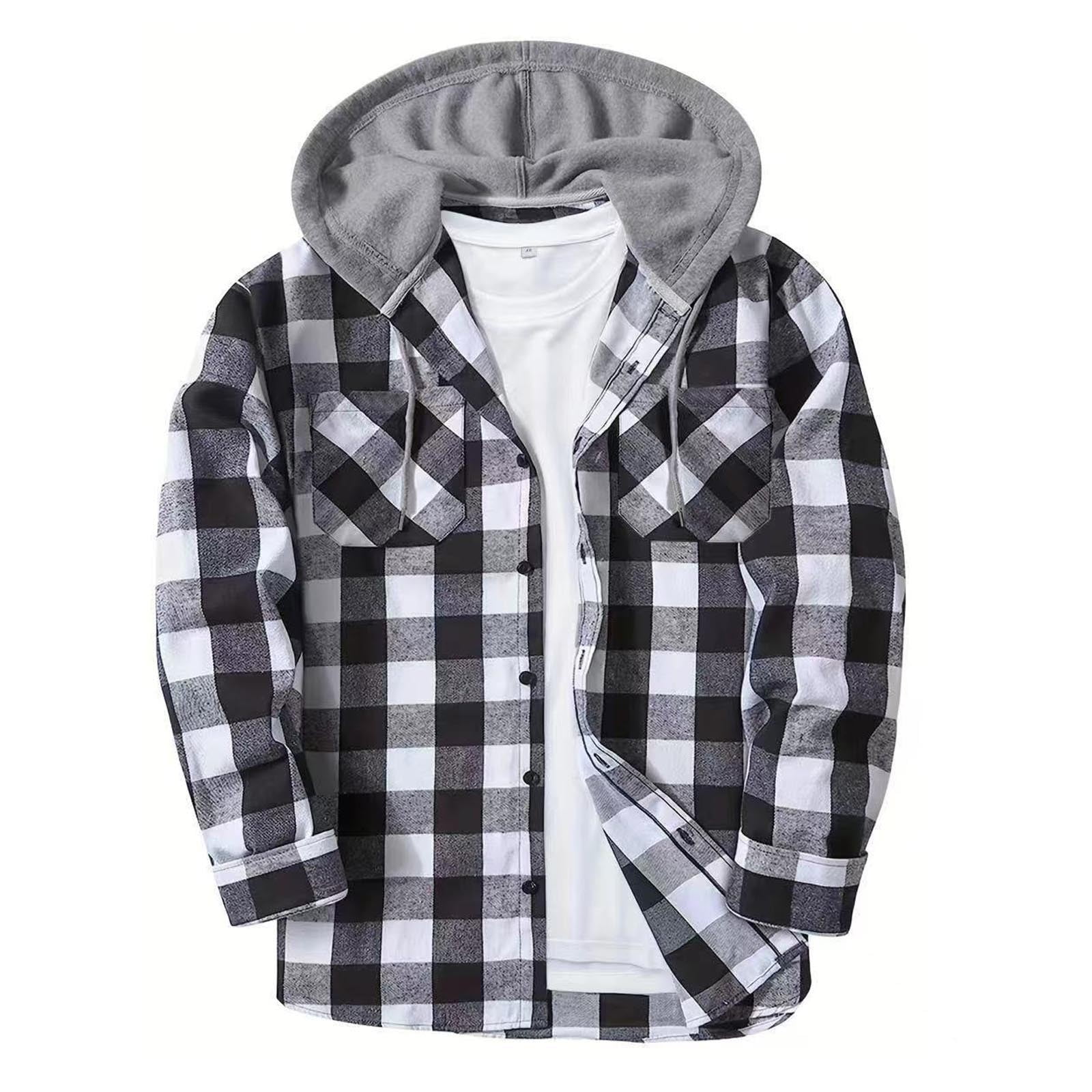 FAFWYP Men's Flannel Hoodie Shirts Casual Long Sleeve Button Down ...