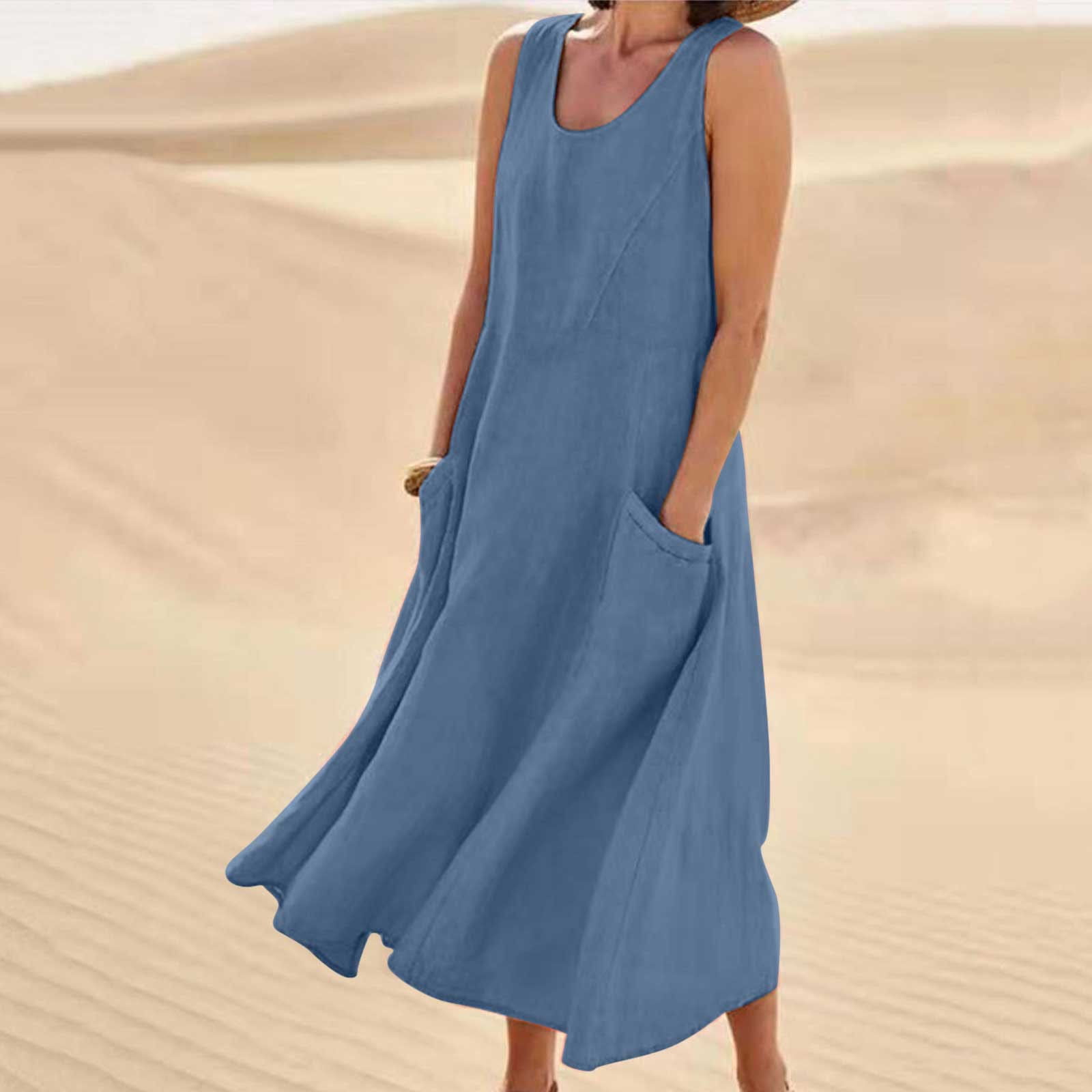 FAFWYP Sleeveless Summer Maxi Dress, Cotton Linen Sundress, Solid Color ...