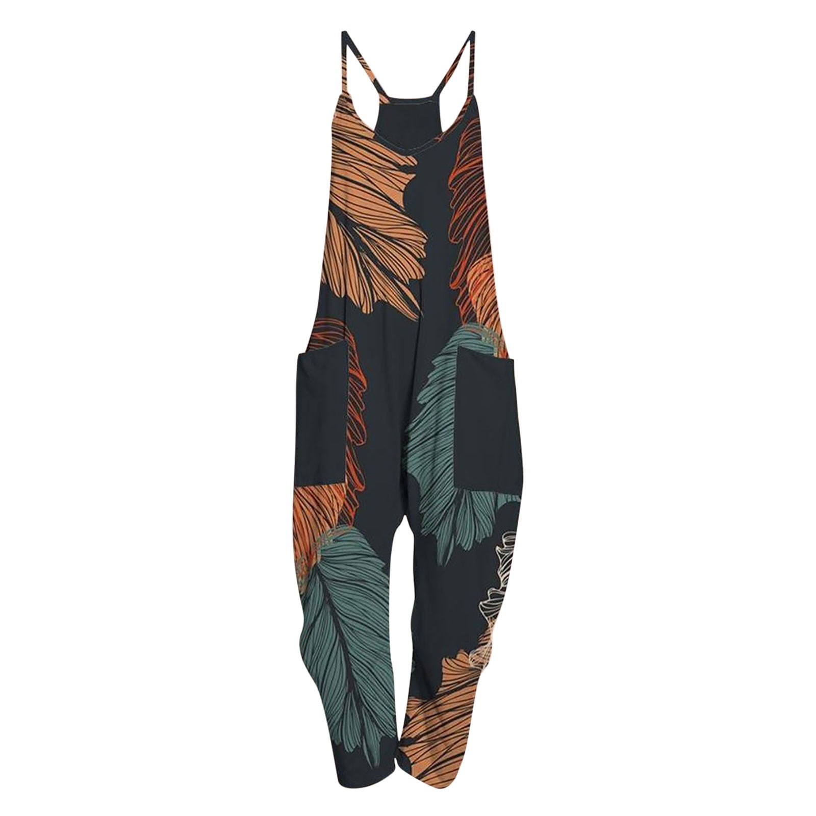 FAFWYP Women Casual Overalls Boho Print Pockets Romper Long Playsuit ...