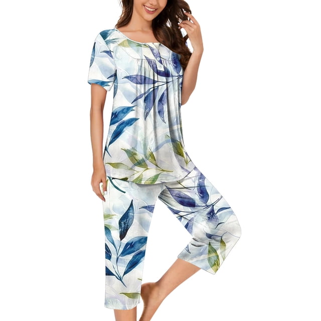 FAFWYP Women's 2 Pieces Pajamas Sets Soft Cotton Floral Printed ...