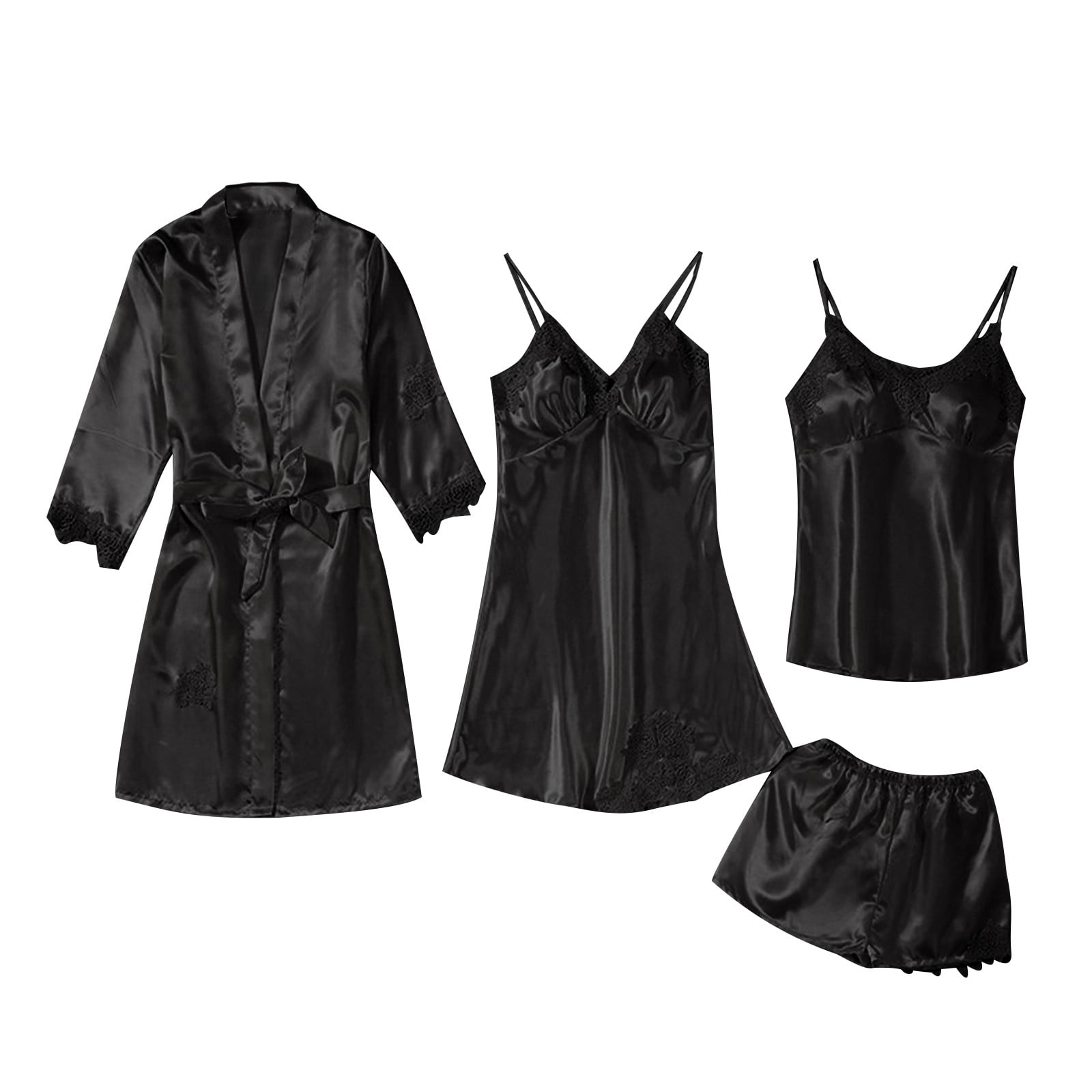 Fafwyp Womens 4 Pieces Satin Silk Pajamas Sets Leopard Printed Lace