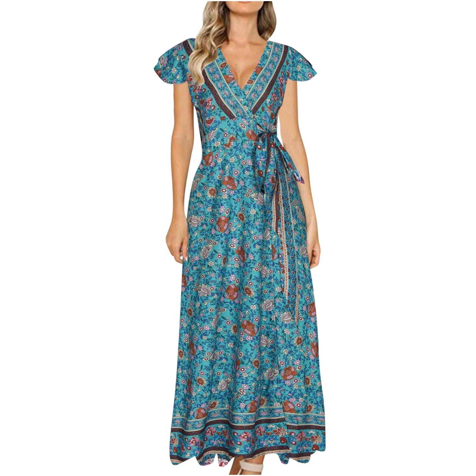 FAFWYP Women's Boho Maxi Dress Summer Casual V-Neck Floral Bohemian ...