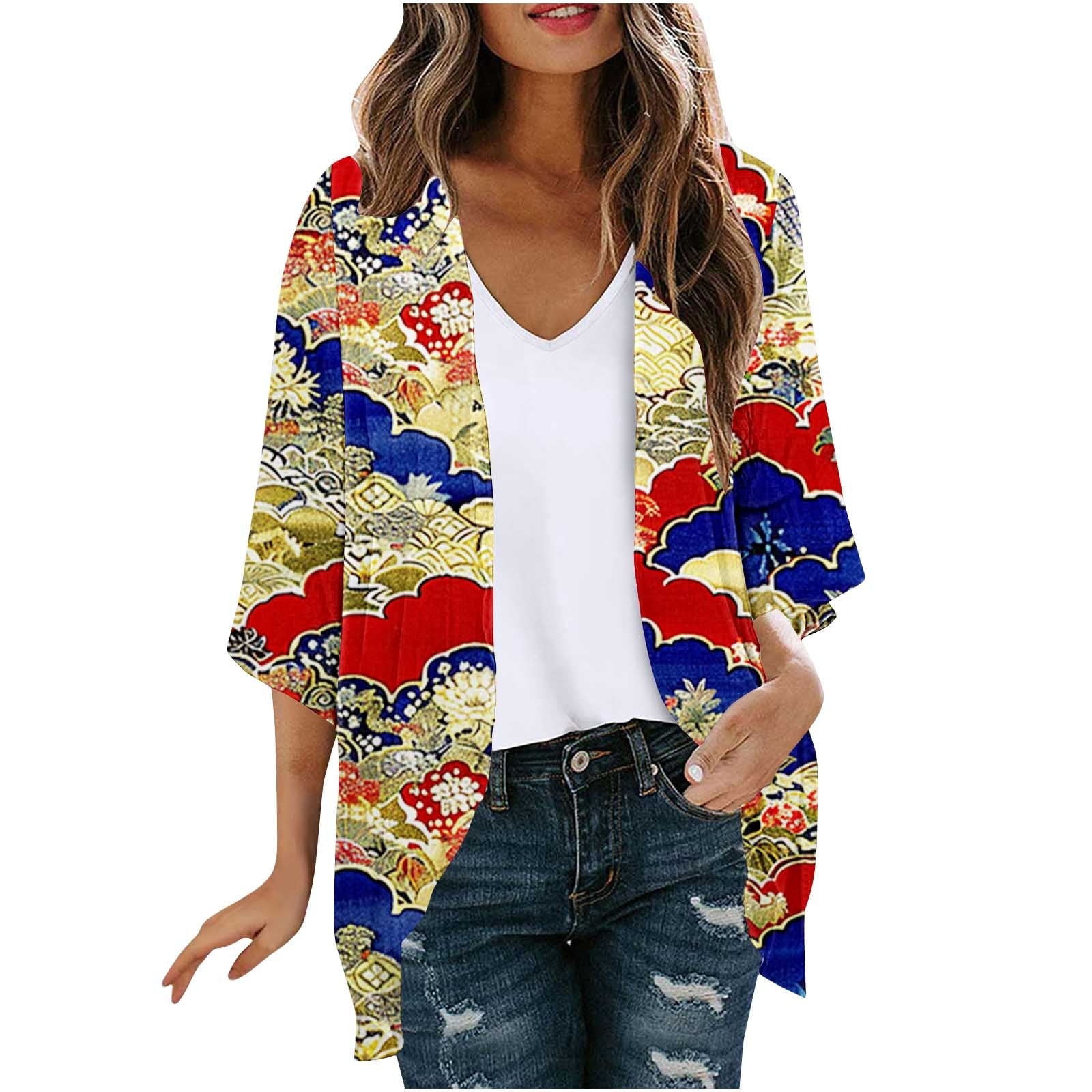 FAFWYP Women's Floral Print Boho Chiffon Cardigan 3/4 Sleeve Open Front ...