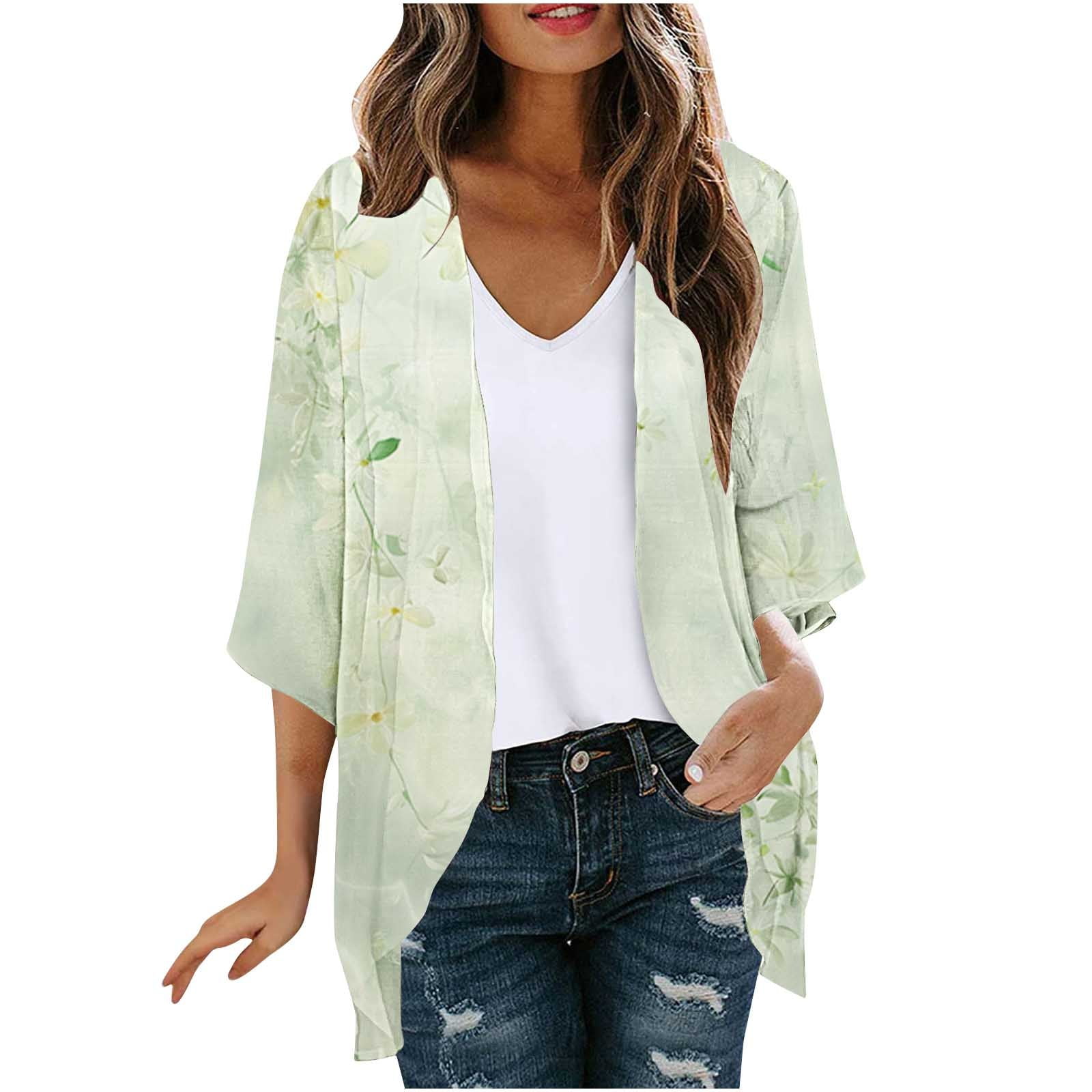 FAFWYP Women's Floral Print Boho Chiffon Cardigan 3/4 Sleeve Open Front ...