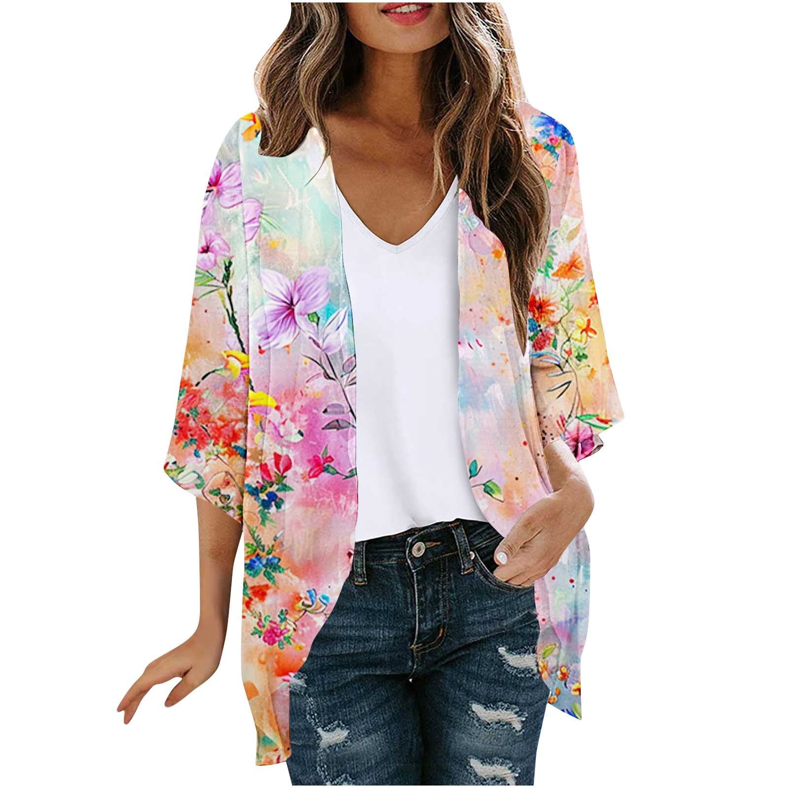 FAFWYP Women's Floral Print Boho Chiffon Cardigan 3/4 Sleeve Open Front ...