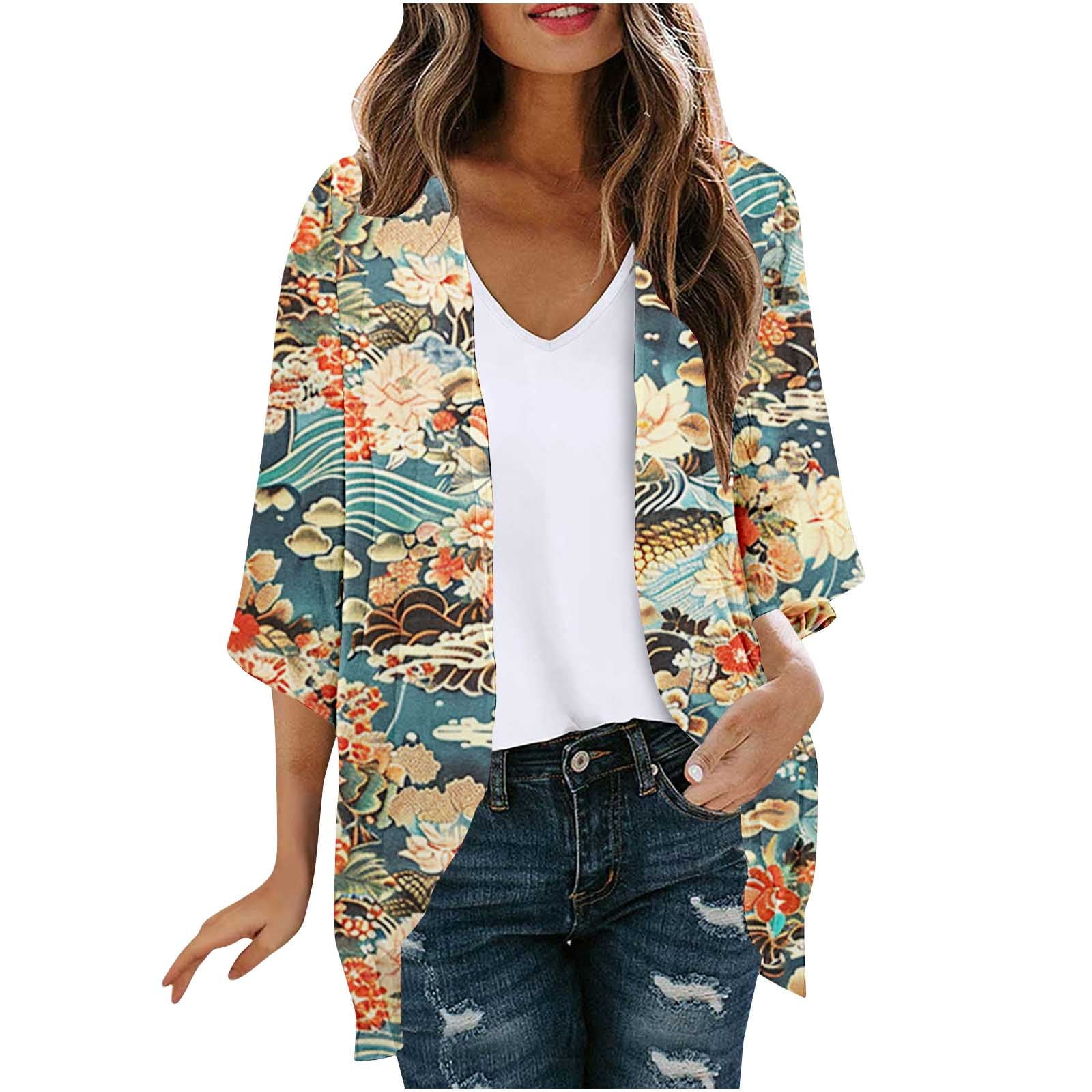 FAFWYP Women's Floral Print Boho Chiffon Cardigan 3/4 Sleeve Open Front ...