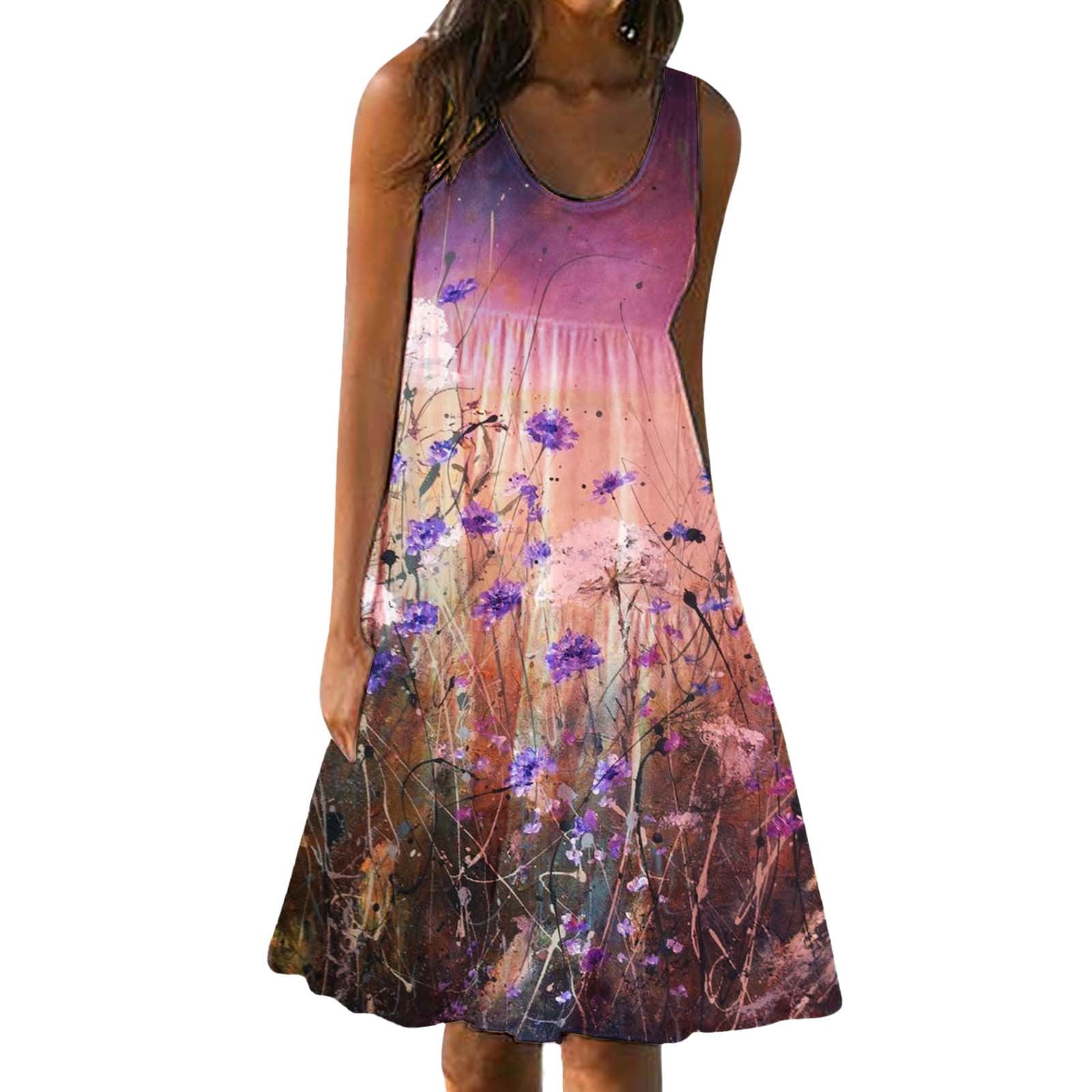 FAFWYP Women's Summer Casual Sleeveless Tiered Dress Round Neck Mini ...