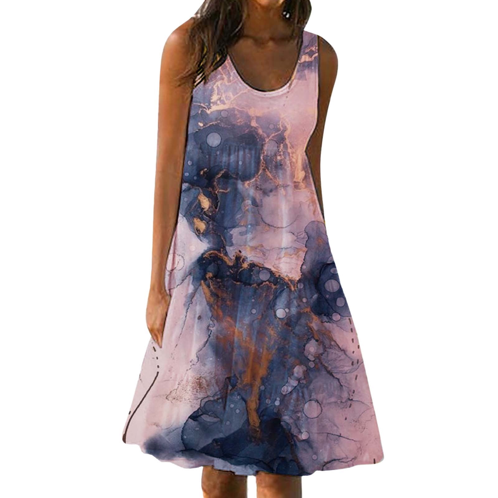 FAFWYP Women's Summer Casual Sleeveless Tiered Dress Round Neck Mini ...