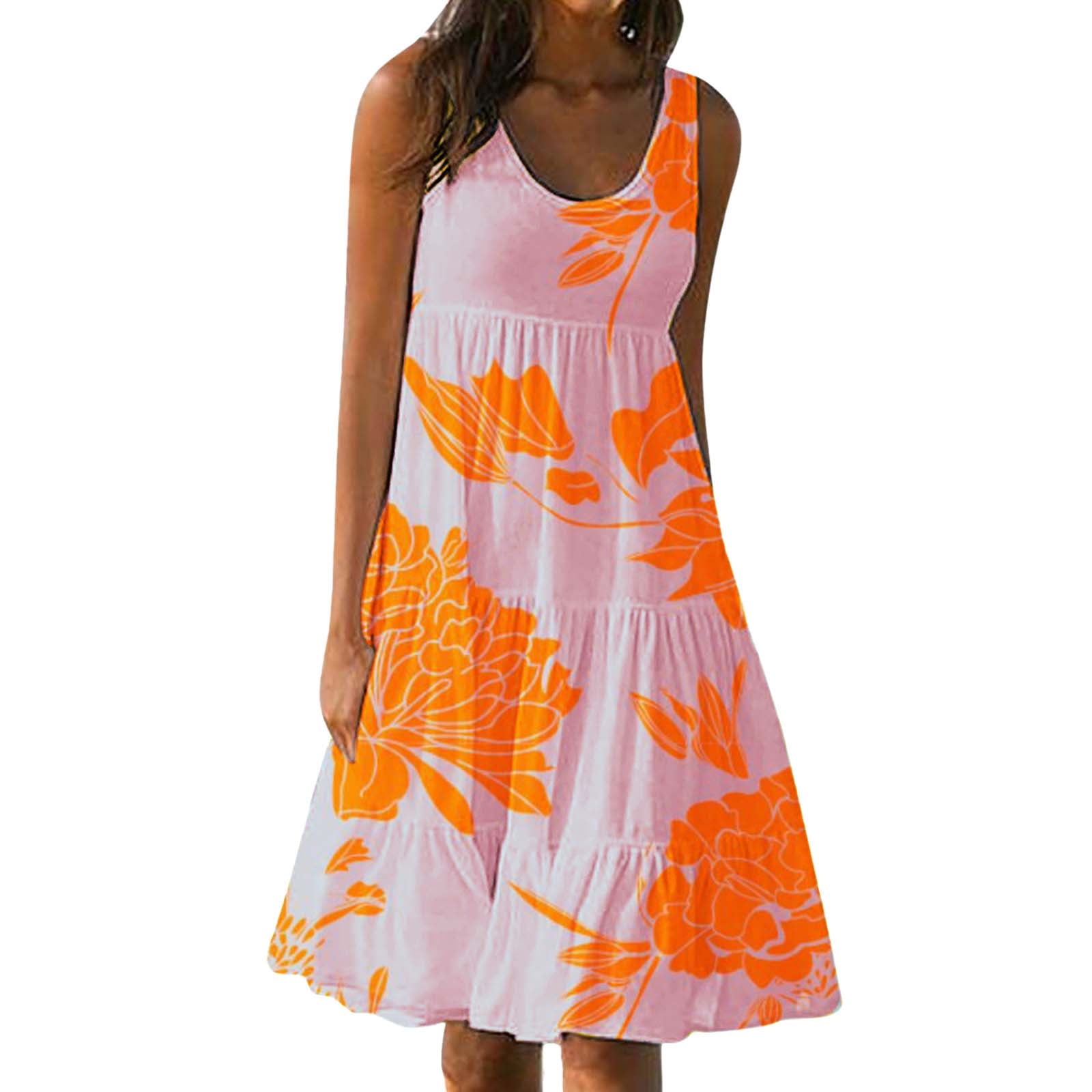 FAFWYP Women's Summer Casual Sleeveless Tiered Dress Round Neck Mini ...