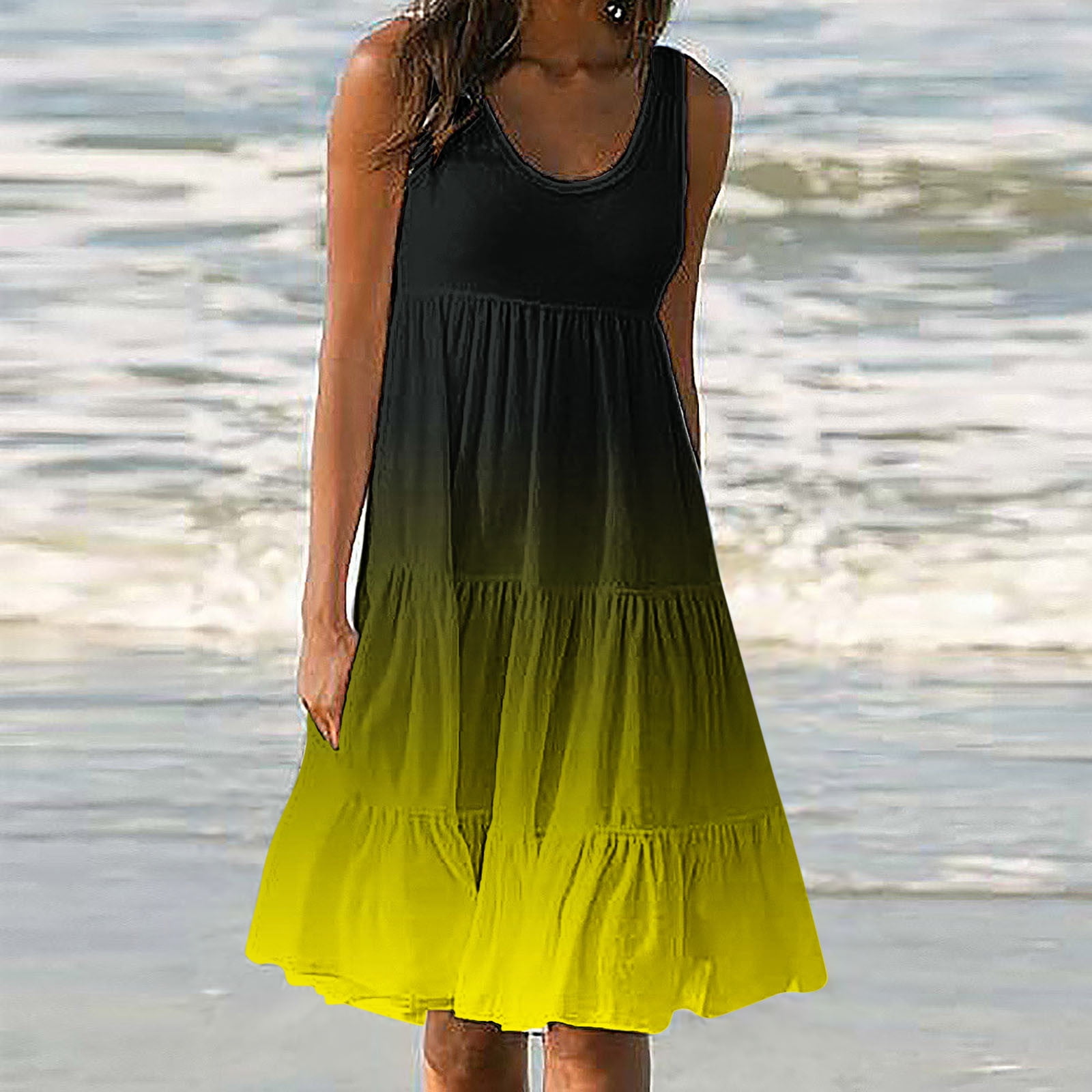 FAFWYP Women's Summer Casual Sleeveless Tiered Dress Round Neck Mini ...