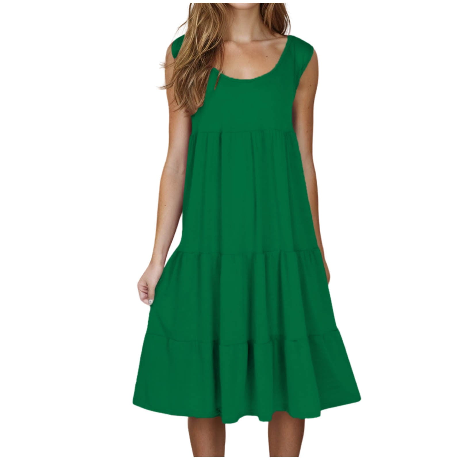 Fafwyp Womens Summer Dresses Solid Color Sleeveless Round Neck Tiered