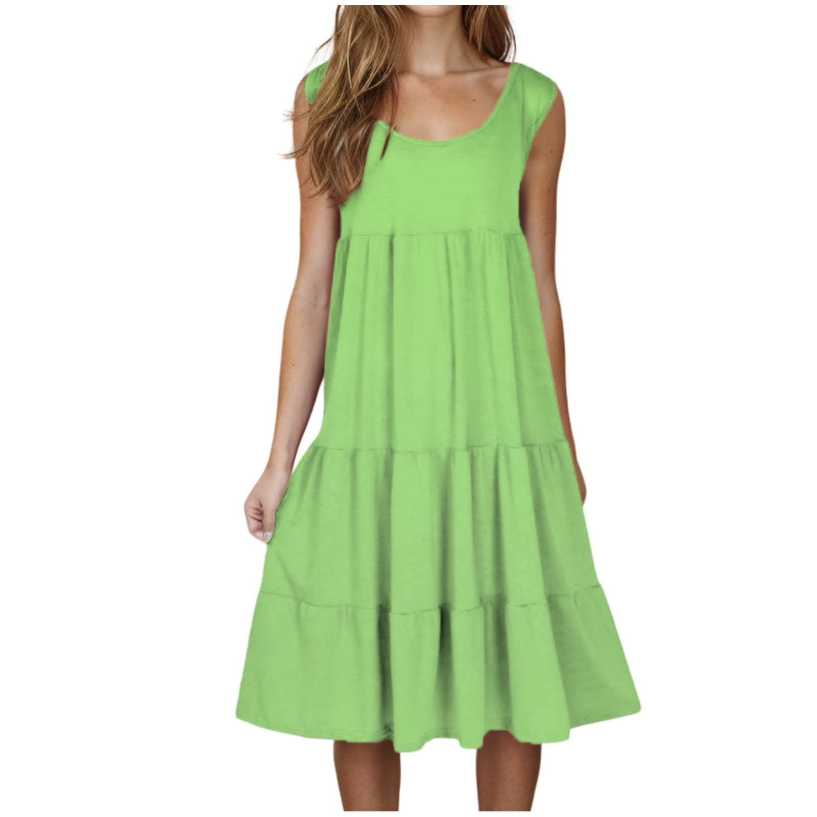 FAFWYP Women's Summer Dresses Solid Color Sleeveless Round Neck Tiered ...