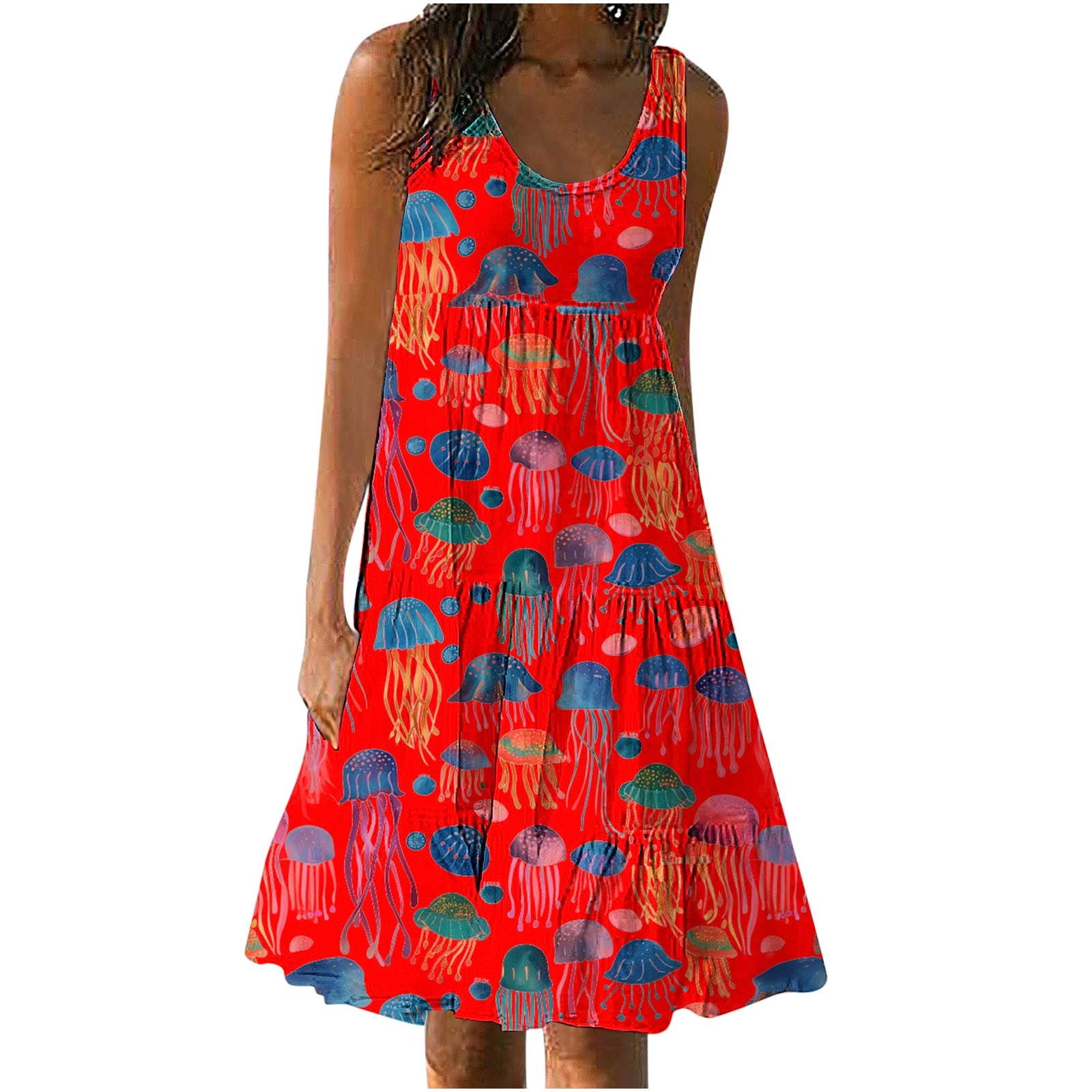 FAFWYP Women's Summer Sleeveless Tiered Dress Cute Print Round Neck ...