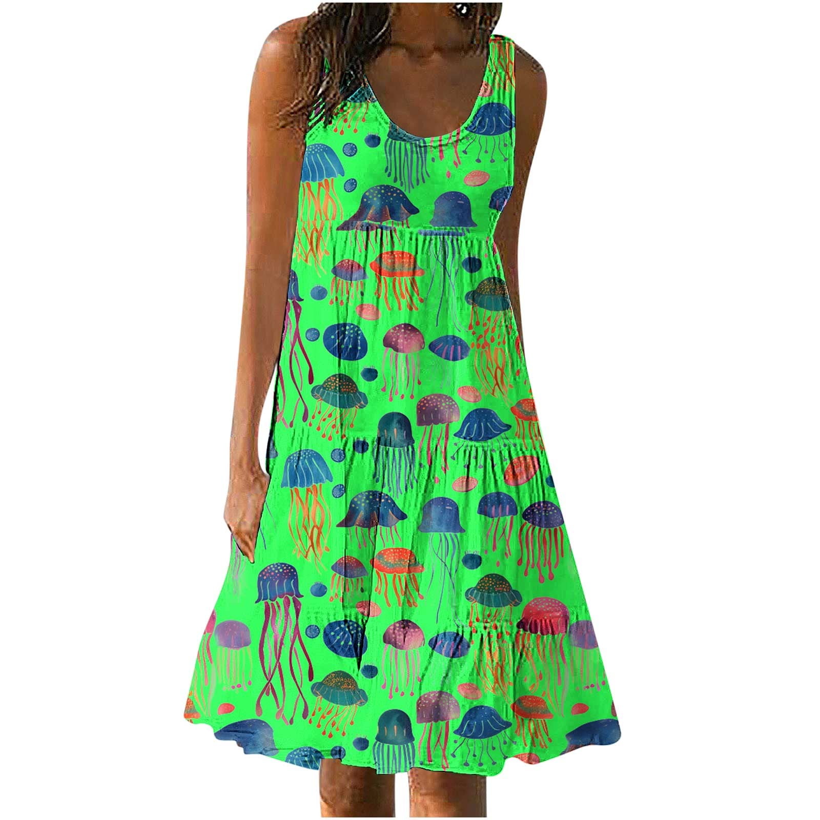 FAFWYP Women's Summer Sleeveless Tiered Dress Cute Print Round Neck ...