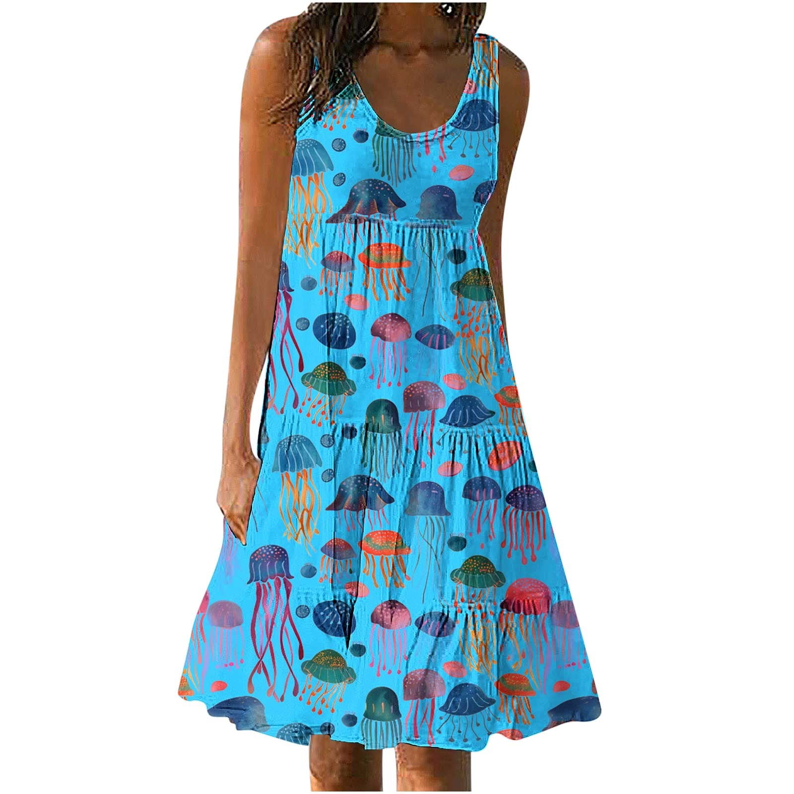 FAFWYP Women's Summer Sleeveless Tiered Dress Cute Print Round Neck ...