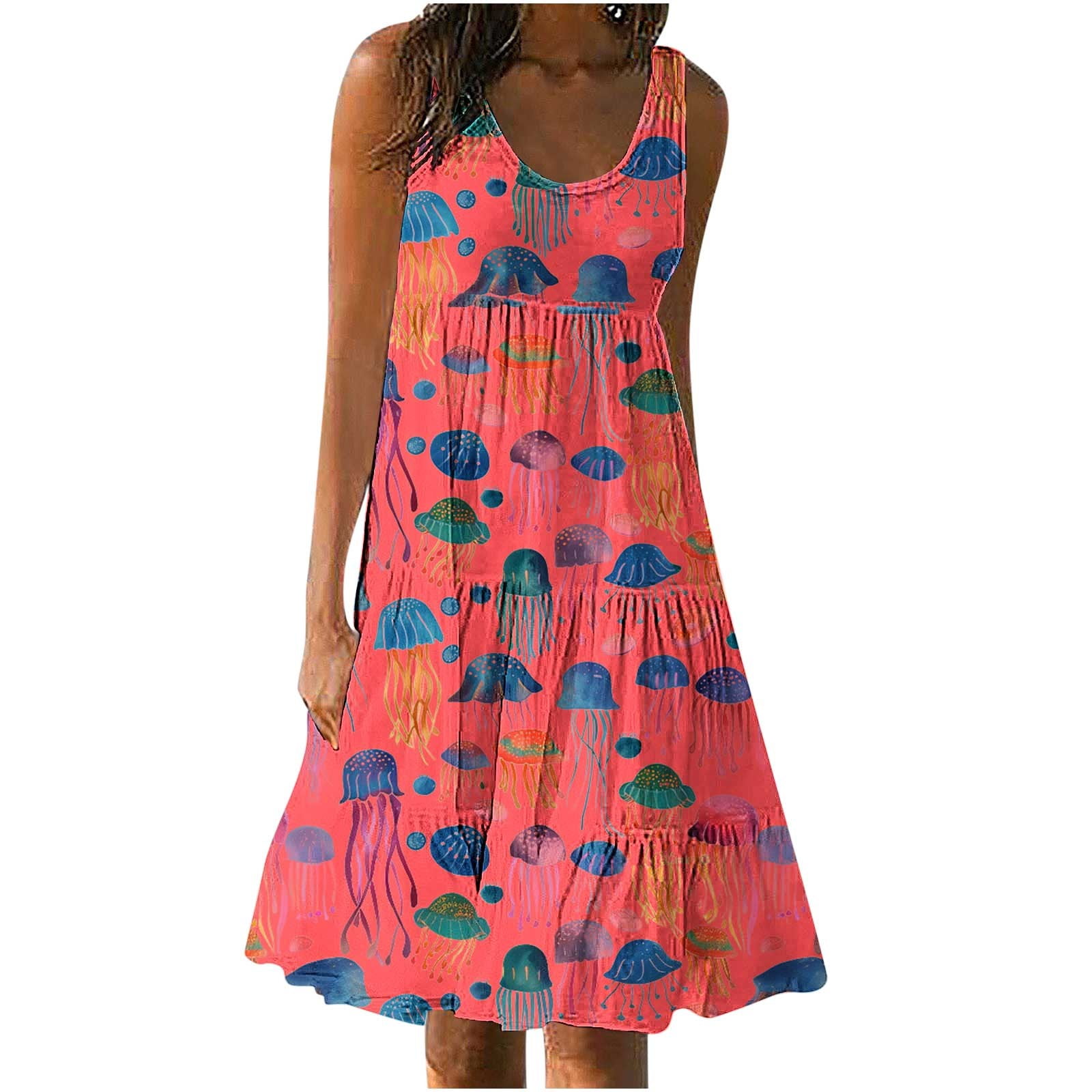 FAFWYP Women's Summer Sleeveless Tiered Dress Cute Print Round Neck ...