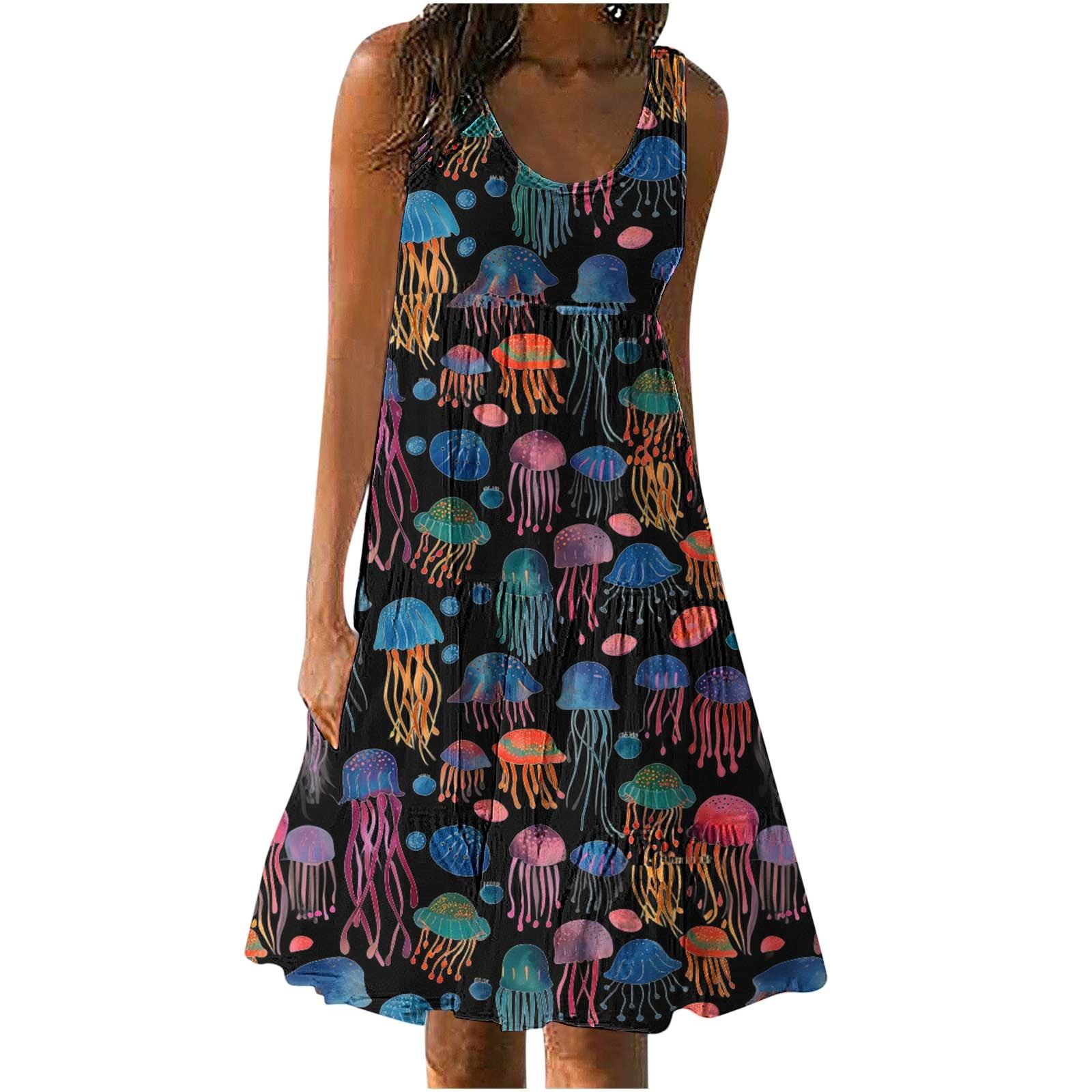 FAFWYP Women's Summer Sleeveless Tiered Dress Cute Print Round Neck ...