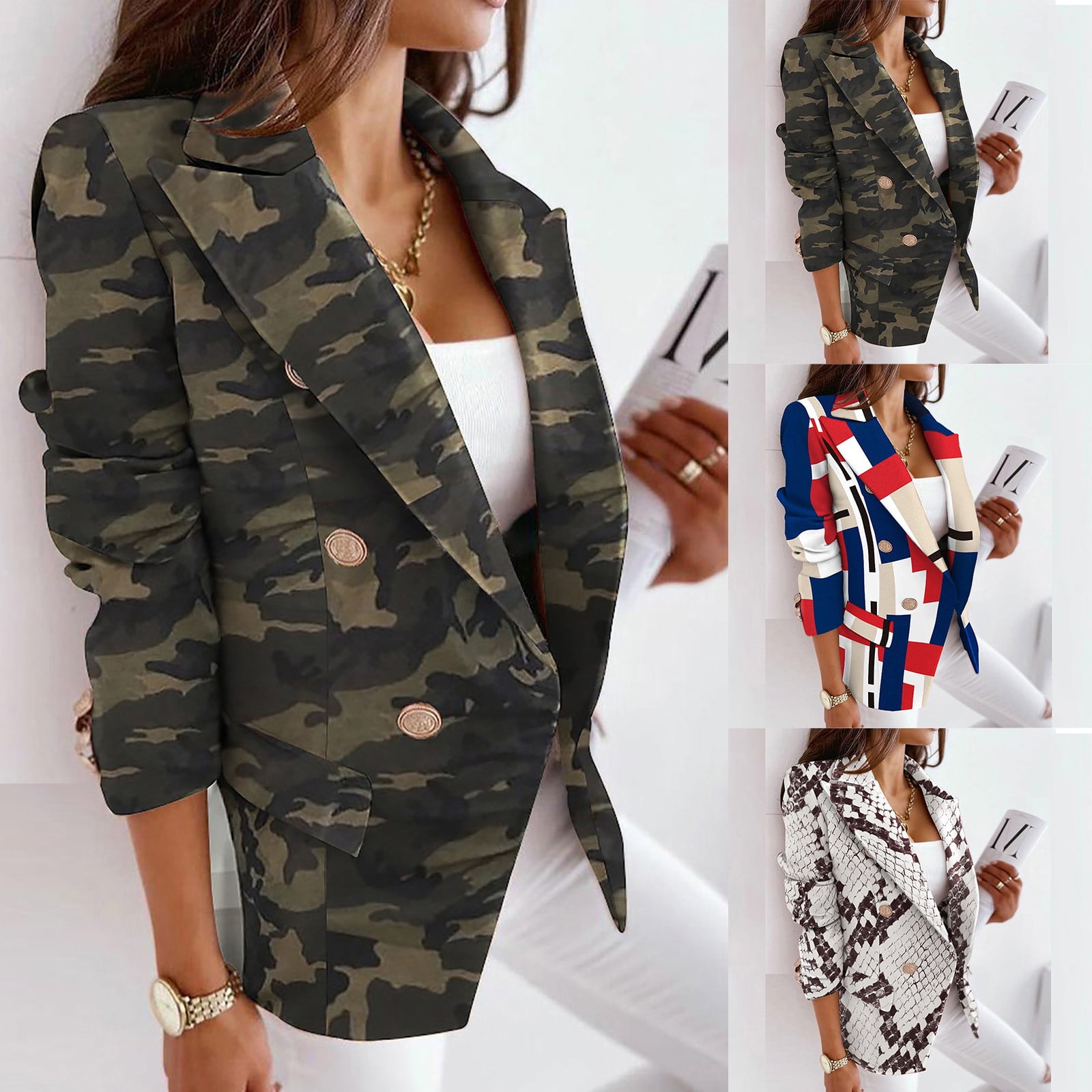 FAFWYP Womens Fahion Print Cropped Blazers 3/4 Sleeve Open Front Button ...