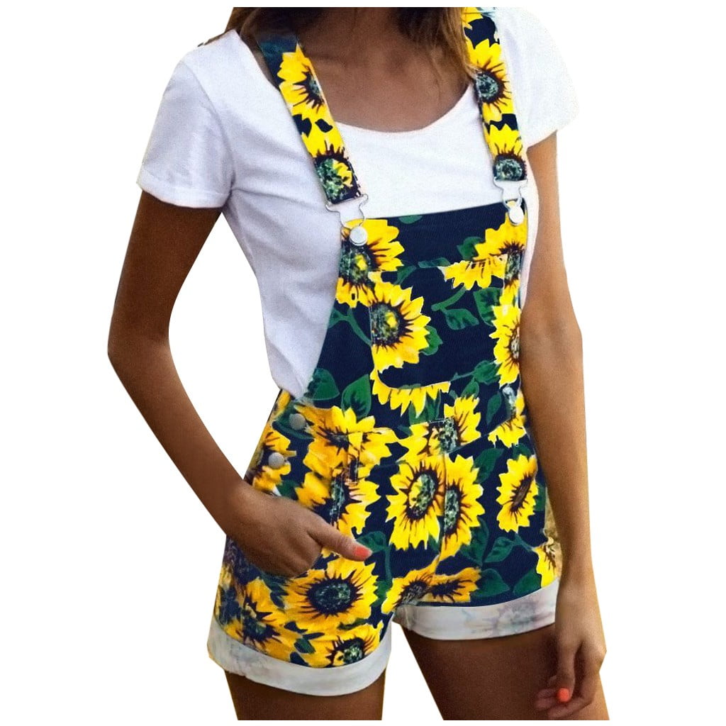 FAFWYP Womens Summer Casual Sleeveles Sunflower Print Short Overalls ...