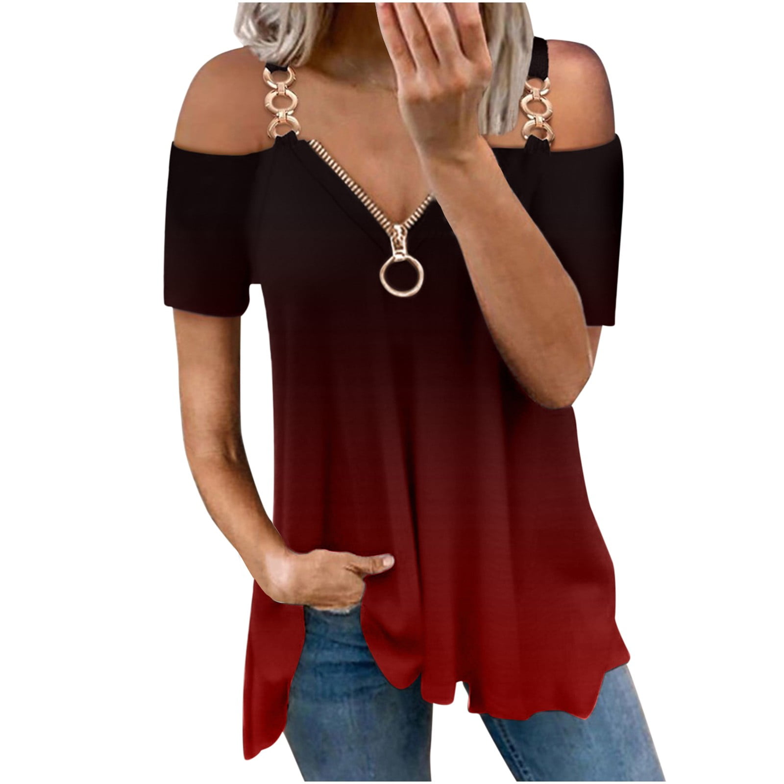 Fafwyp Womens Summer Cold Shoulder Tops Plus Size Sexy V Neck Quarter Zipper T Shirts Casual