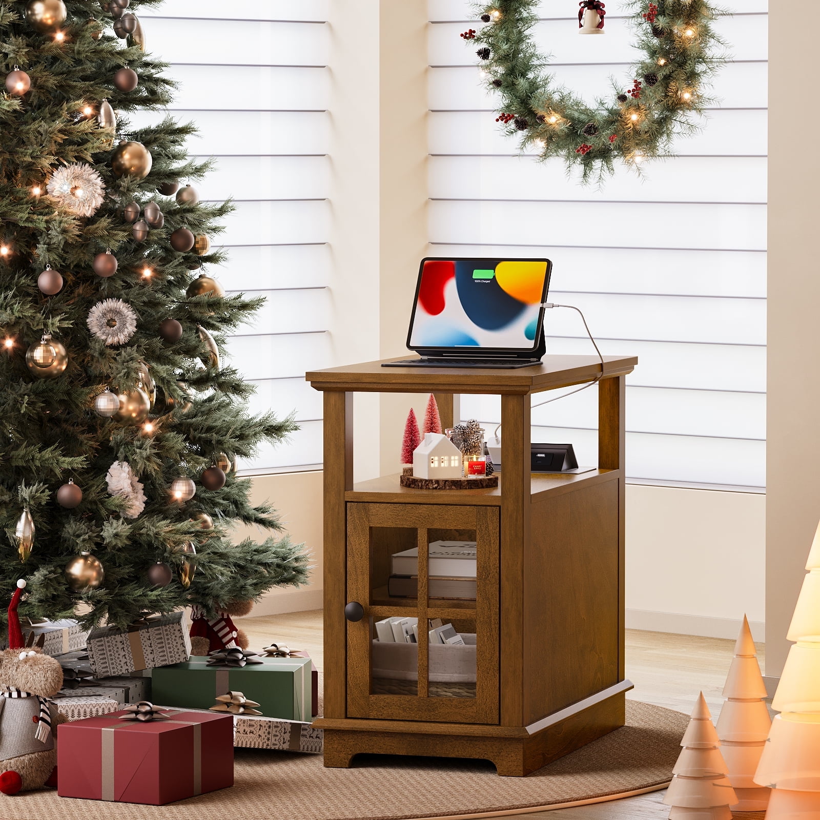 FAGAGA End Table with Power Outlets, USB Charging, Adjustable Shelf ...