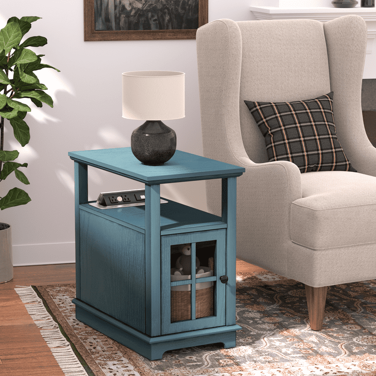 FAGAGA End Tables for Living Room with Charging Station Wooden Nightstand for Bedroom with Storage Detachable Holder Blue