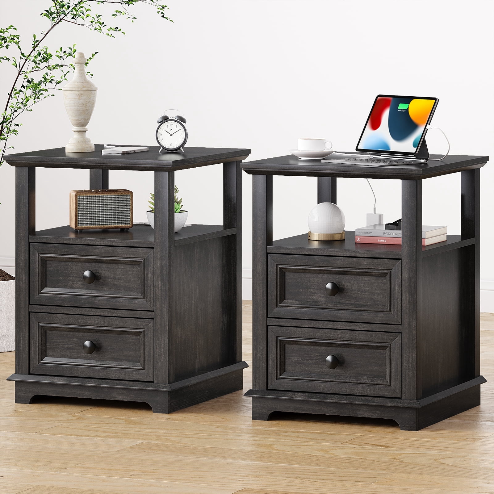 FAGAGA Set of 2 Nightstands with Charging Station, 18” End Table with ...