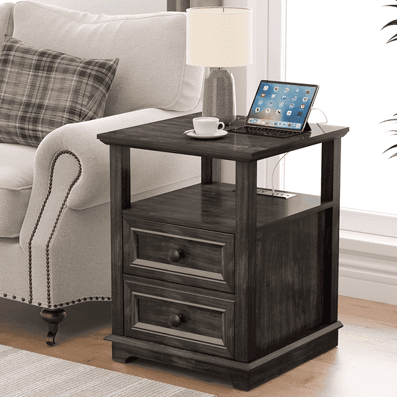 Gray End Table with Drawer & Cabinet, Wooden Side Table Nightstand with Charging Station for ...
