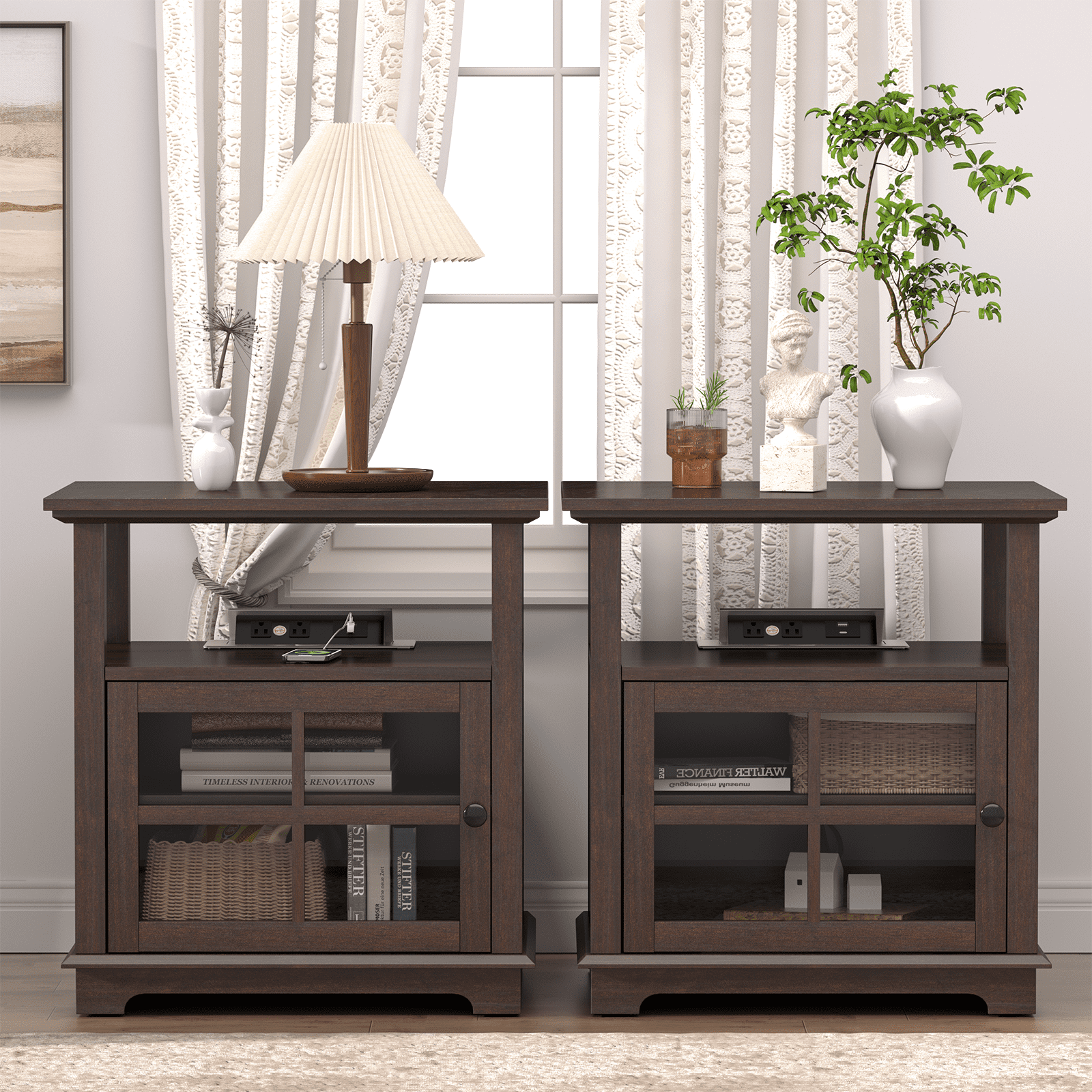 FAGAGA End Tables Set of 2 for Living Room with Charging Station, Wood ...