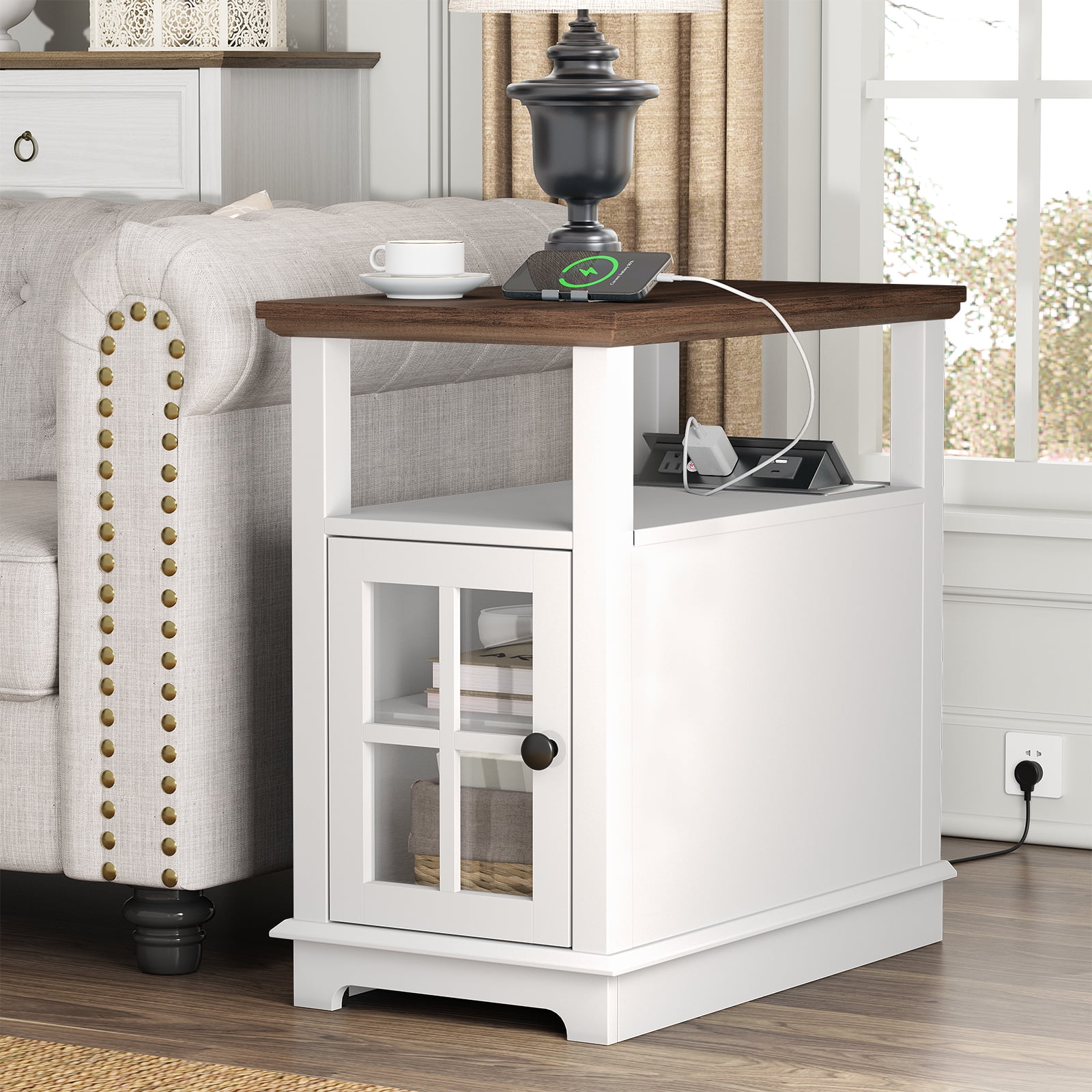 FAGAGA Accent End Table with Outlets, Sofa Side Table with Shelf, Wood ...