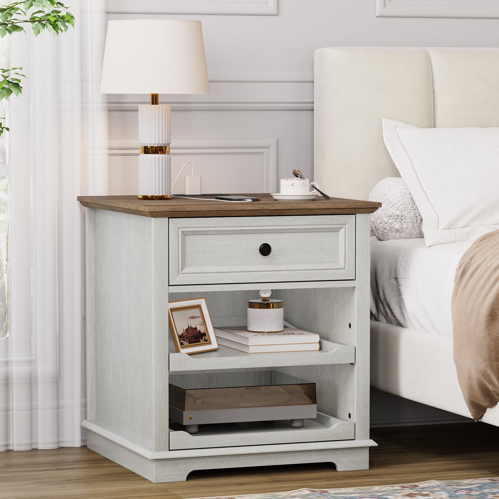FAGAGA Large Nightstands with Charging Station, End Table with Drawers ...