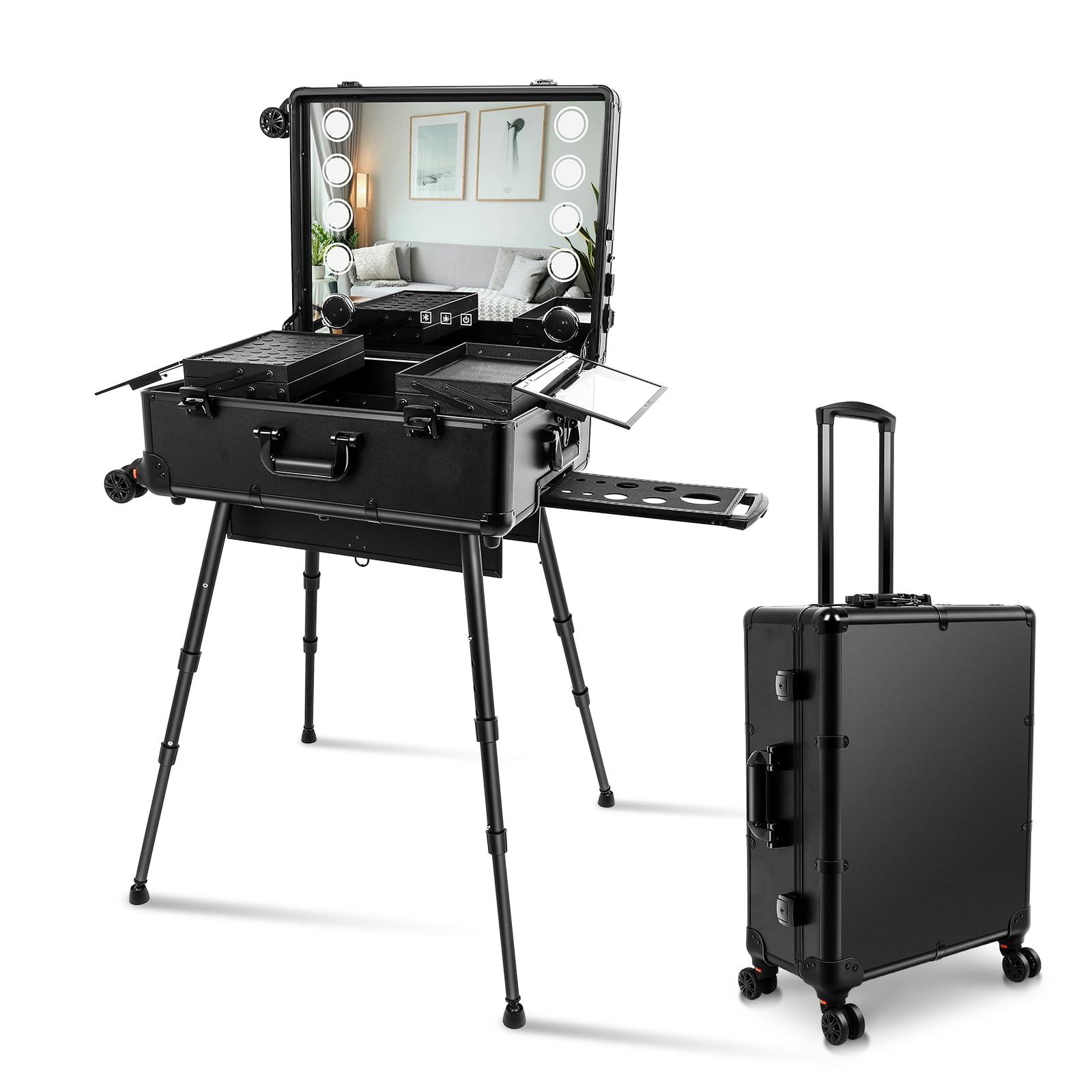 FAHKNS Aluminum Trolley Makeup Train Case 8 LED Light, Make Mirror with ...