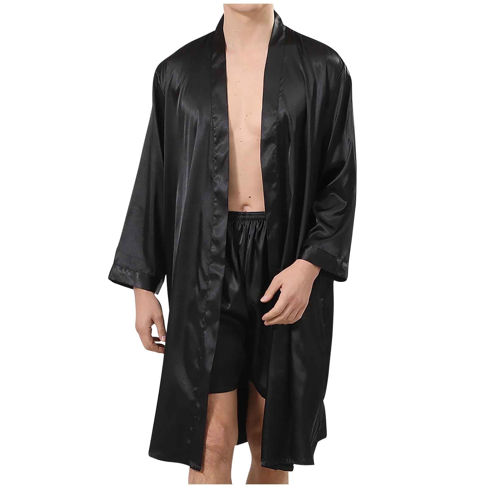 Fahuomu Mens Lightweight Silk Satin Robe Soft Kimono Spa Bathrobes Knee