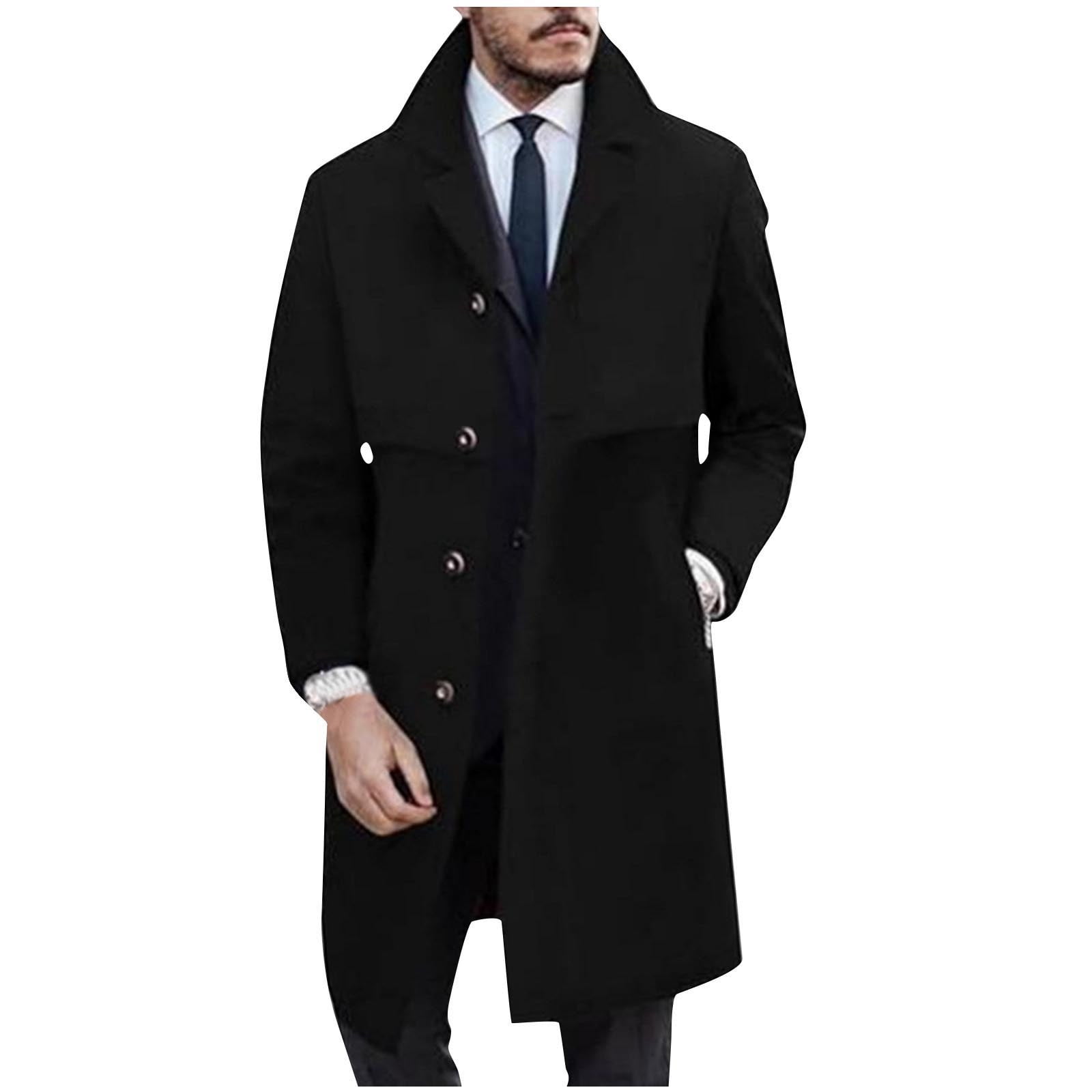 FAHUOMU Mens Trench Coat Notch Lapel Double Breasted Peacoat Wool Blend ...