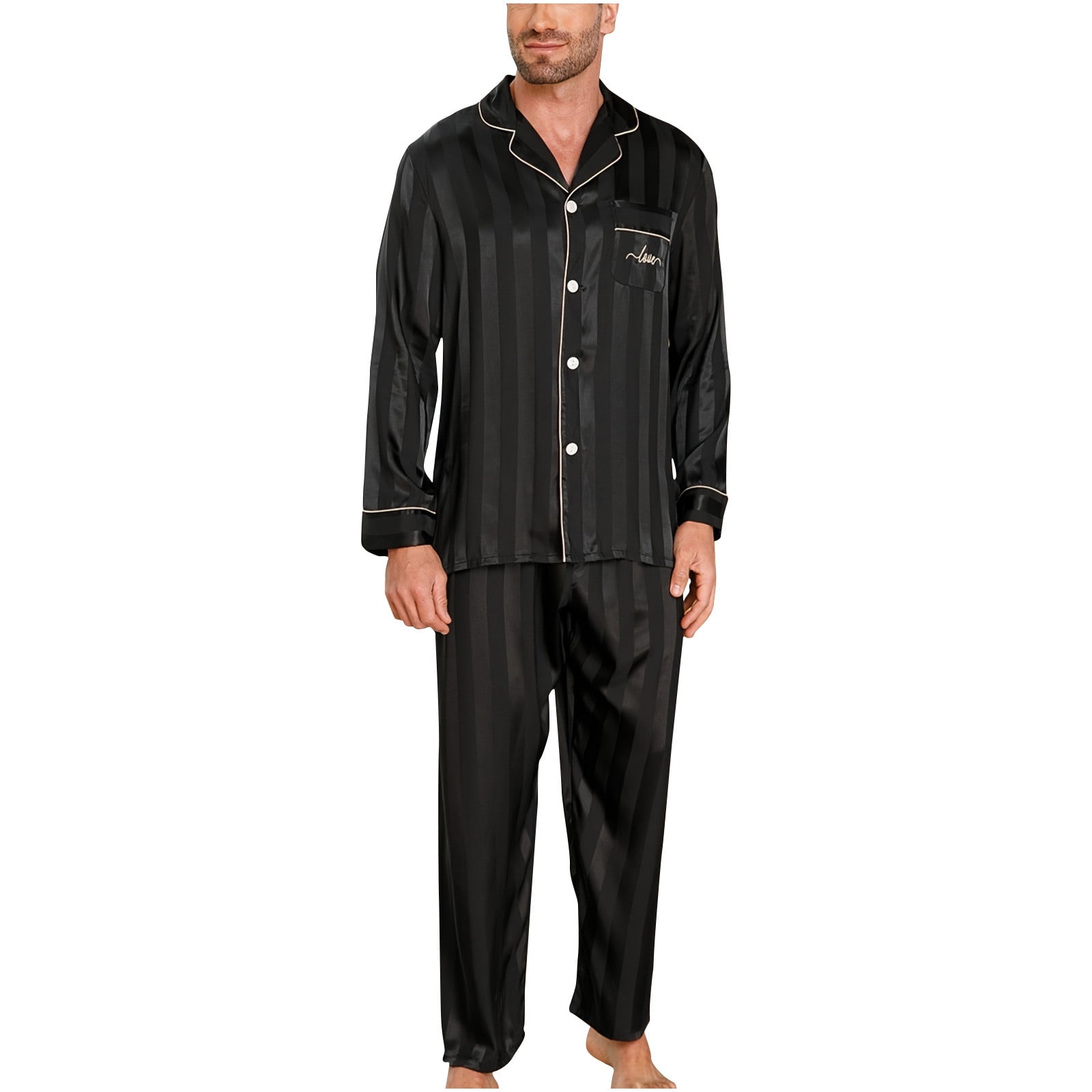 FAHUOMU Silk Satin Pajama Sets Long Sleeves and Pants Sleepwear Lapel ...