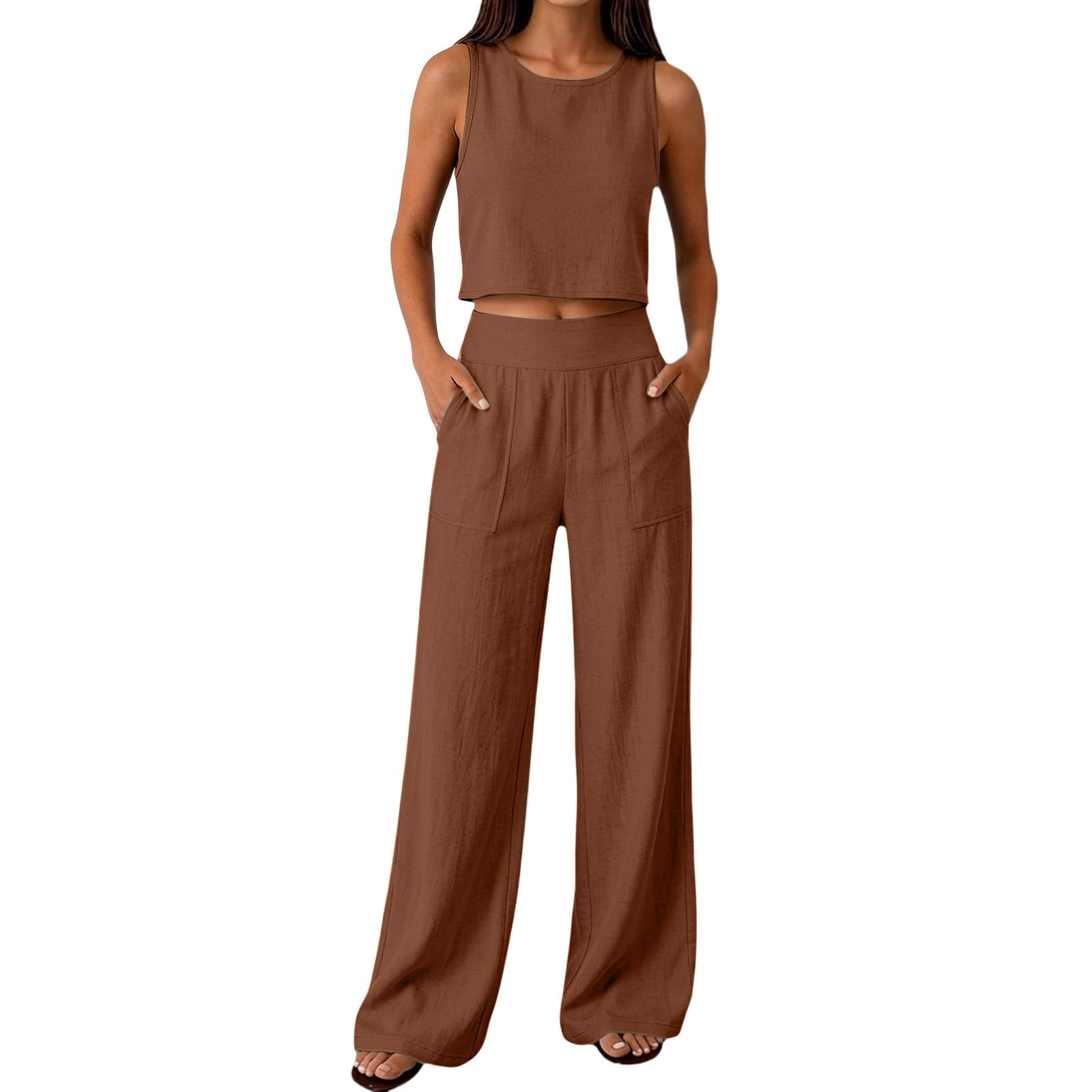 FAHUOMU Women's 2 Piece Outfits Sleeveless Tank Top Wide Leg Pants ...