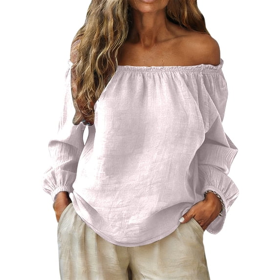 FAHUOMU Women's Blouse Tops Long Sleeve Off Shoulder Elastic Ruched ...