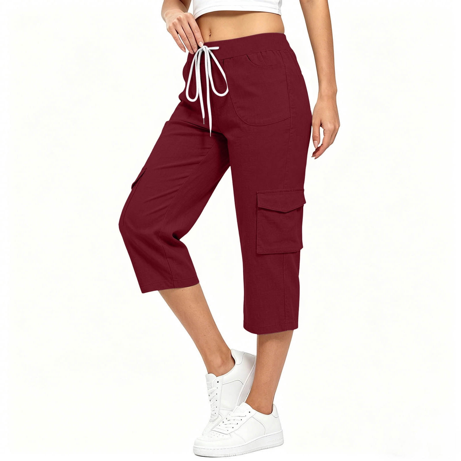 FAHUOMU Women's Cargo Capris Tie Waist Elastic Waist Cotton Linen Look ...