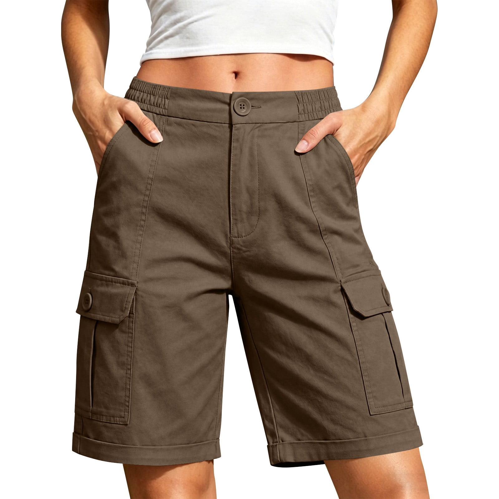 FAHUOMU Women's Cargo Shorts 5" Inseam Summer Bottoms Solid Color ...